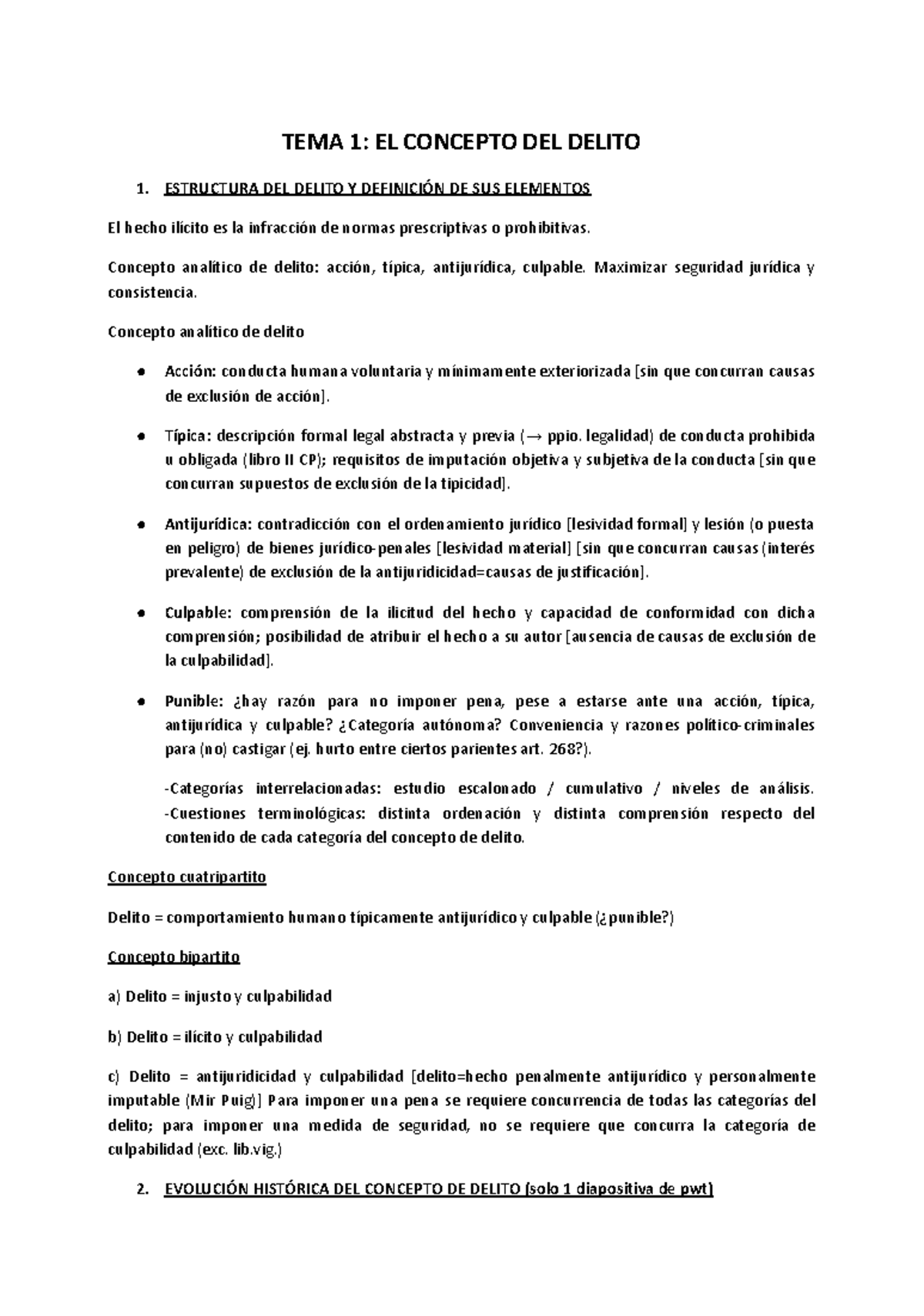 TEMA 1: CONCEPTO Y ESTRUCTURA DEL DELITO EN DERECHO PENAL (PG) - Studocu