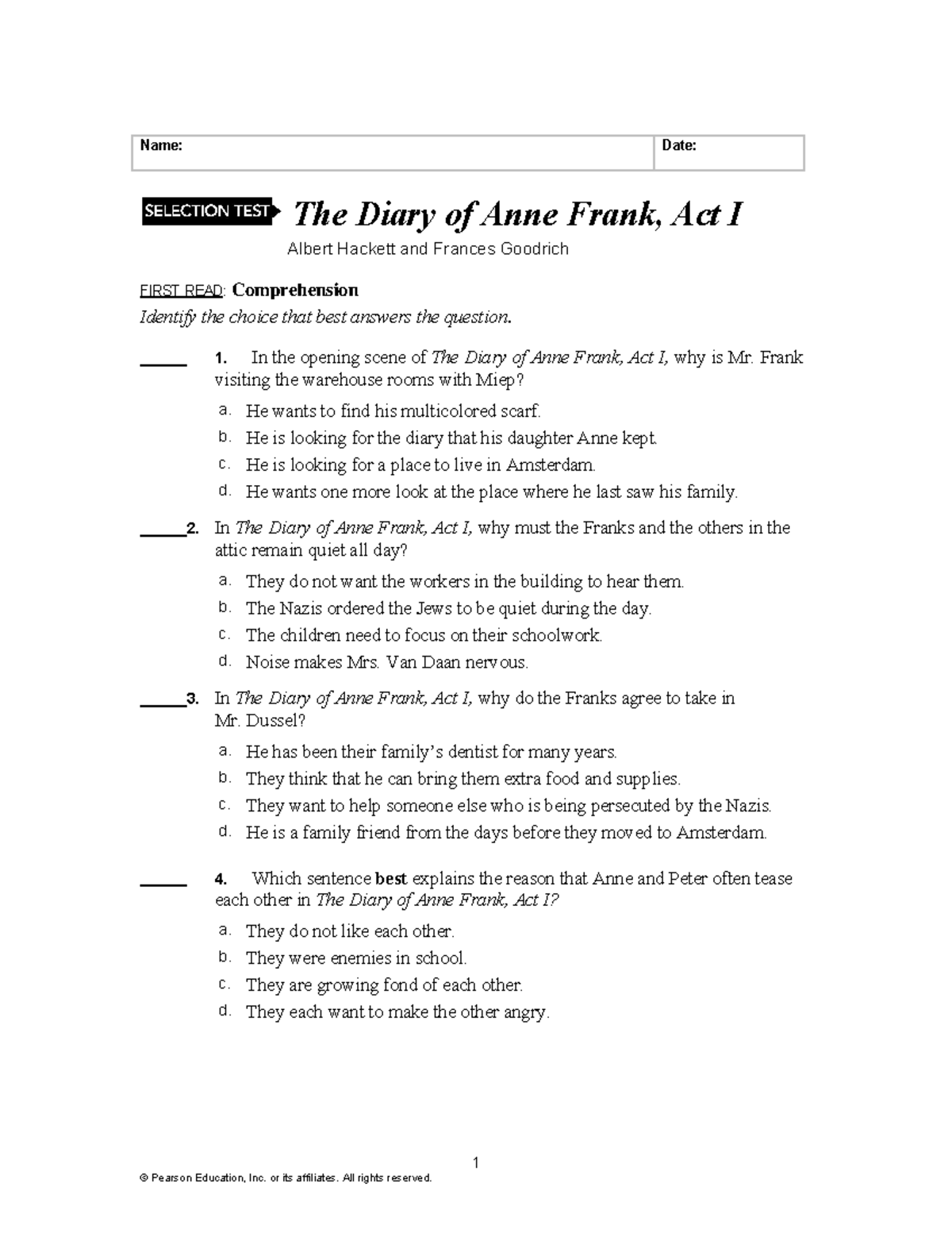 The Diary of Anne Frank Act I Test Review and Questions - Studocu