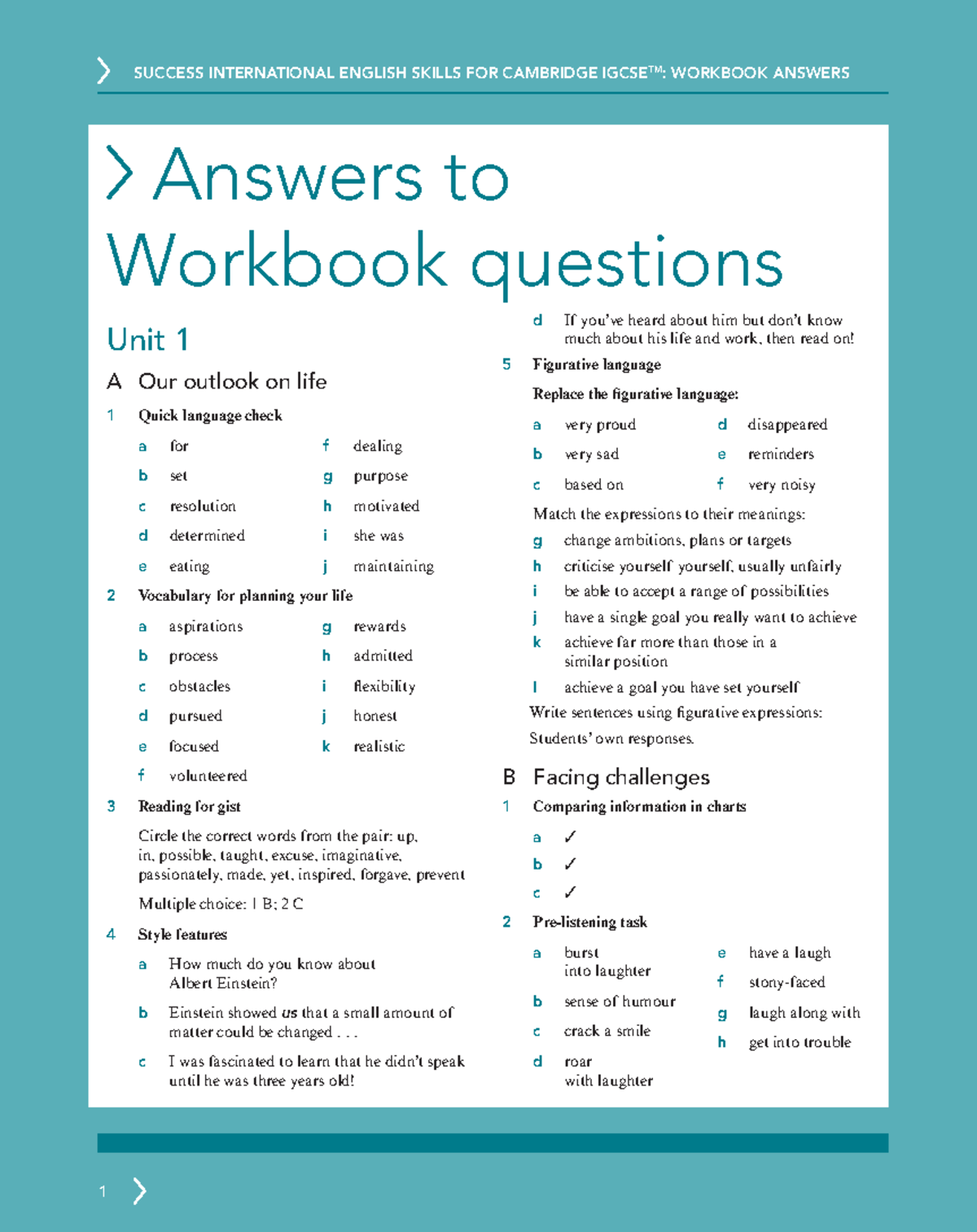 IGCSE ESL Workbook Answers Key for Units 1-5 - Studocu