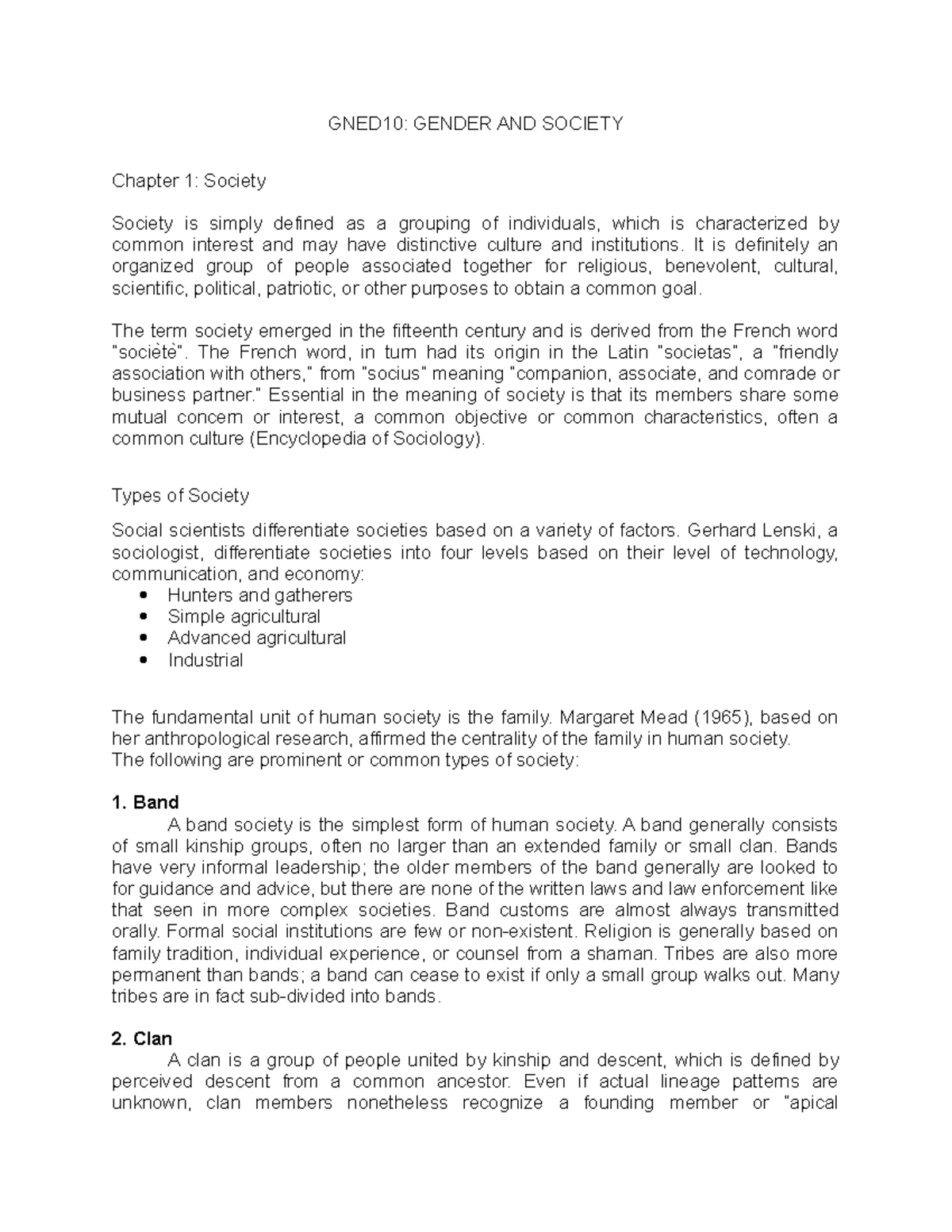 GNED10-Lecture Notes: Gender & Society Overview (Ch. 1-5) - Studocu