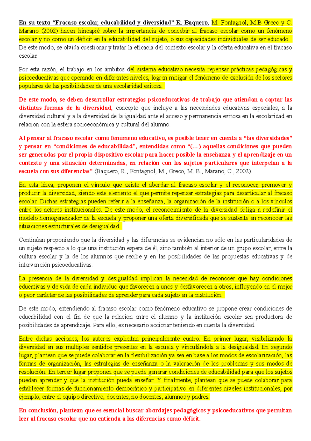 Baquero Deresumen-Fracaso-Escolar-Baquero-y-Marano - En su texto “Fracaso escolar, educabilidad ...