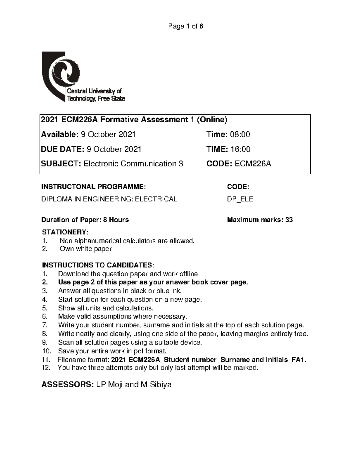 2021 ECM226A Formative Assessment 1 Guidelines and Instructions - Studocu