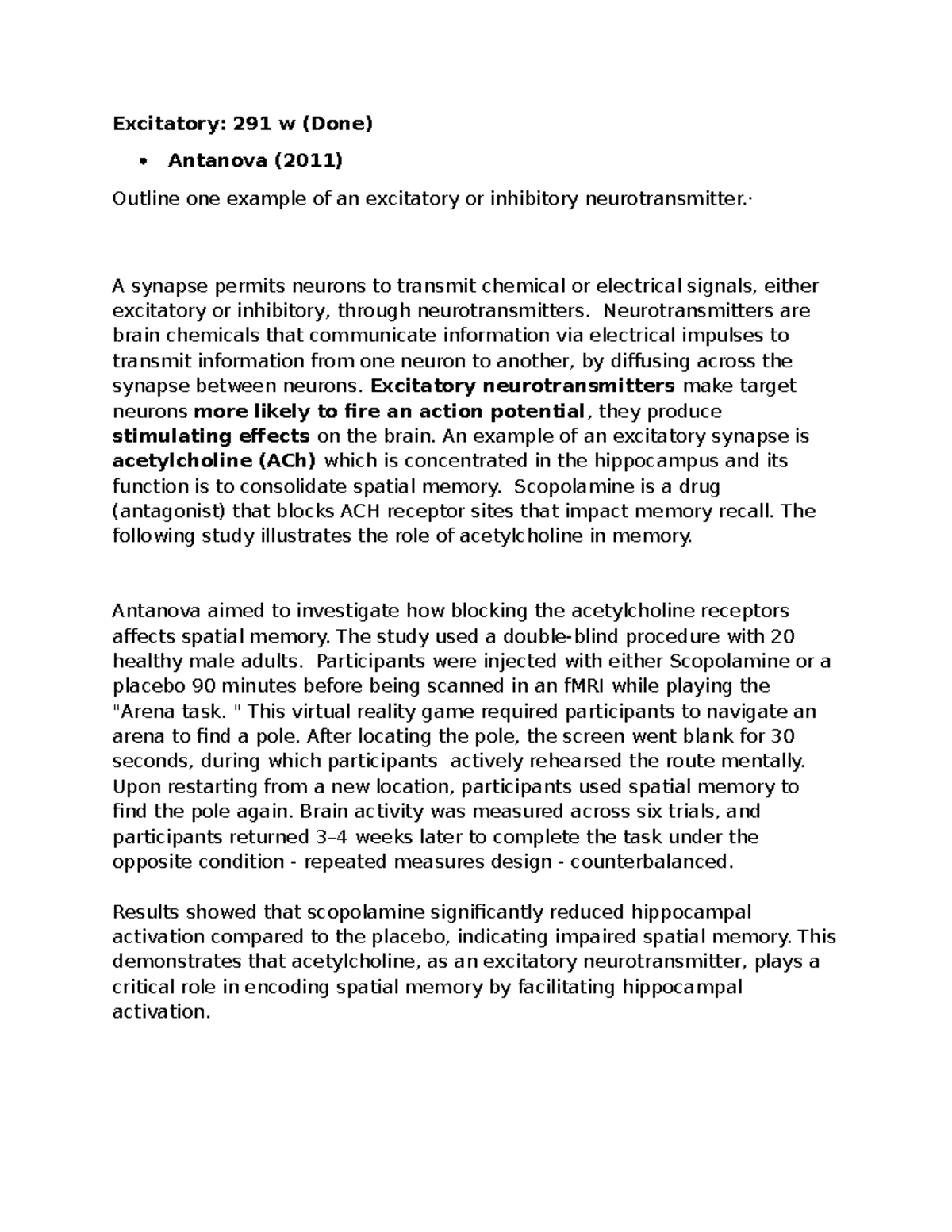 IB Psychology Bio SAQ - Excitatory - Excitatory: 291 w (Done) Antanova ...