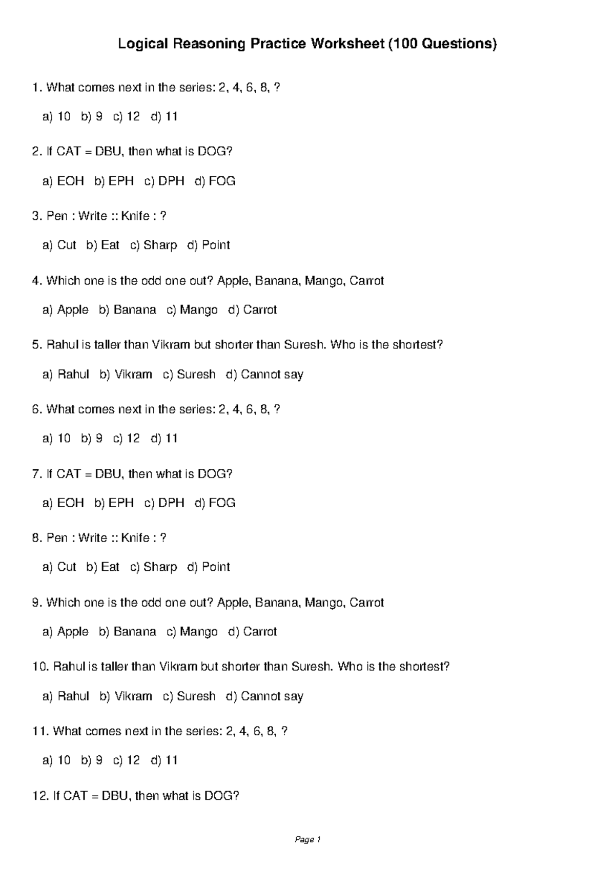 Logical Reasoning Practice Worksheet (100 Qns) for CAT DBU - Studocu