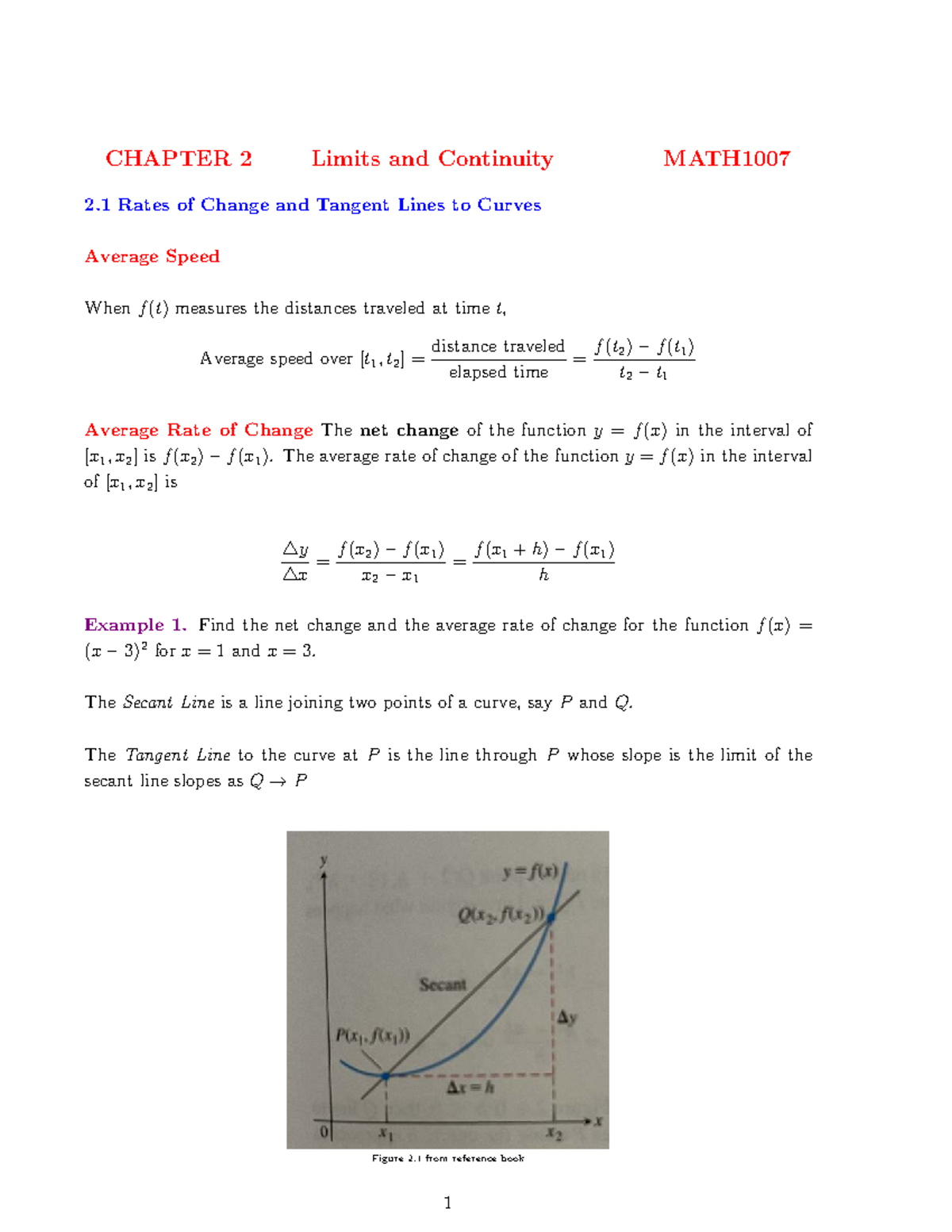 CHAPTER 2 Limits and Continuity MATH1007: Rates of Change & Tangents ...
