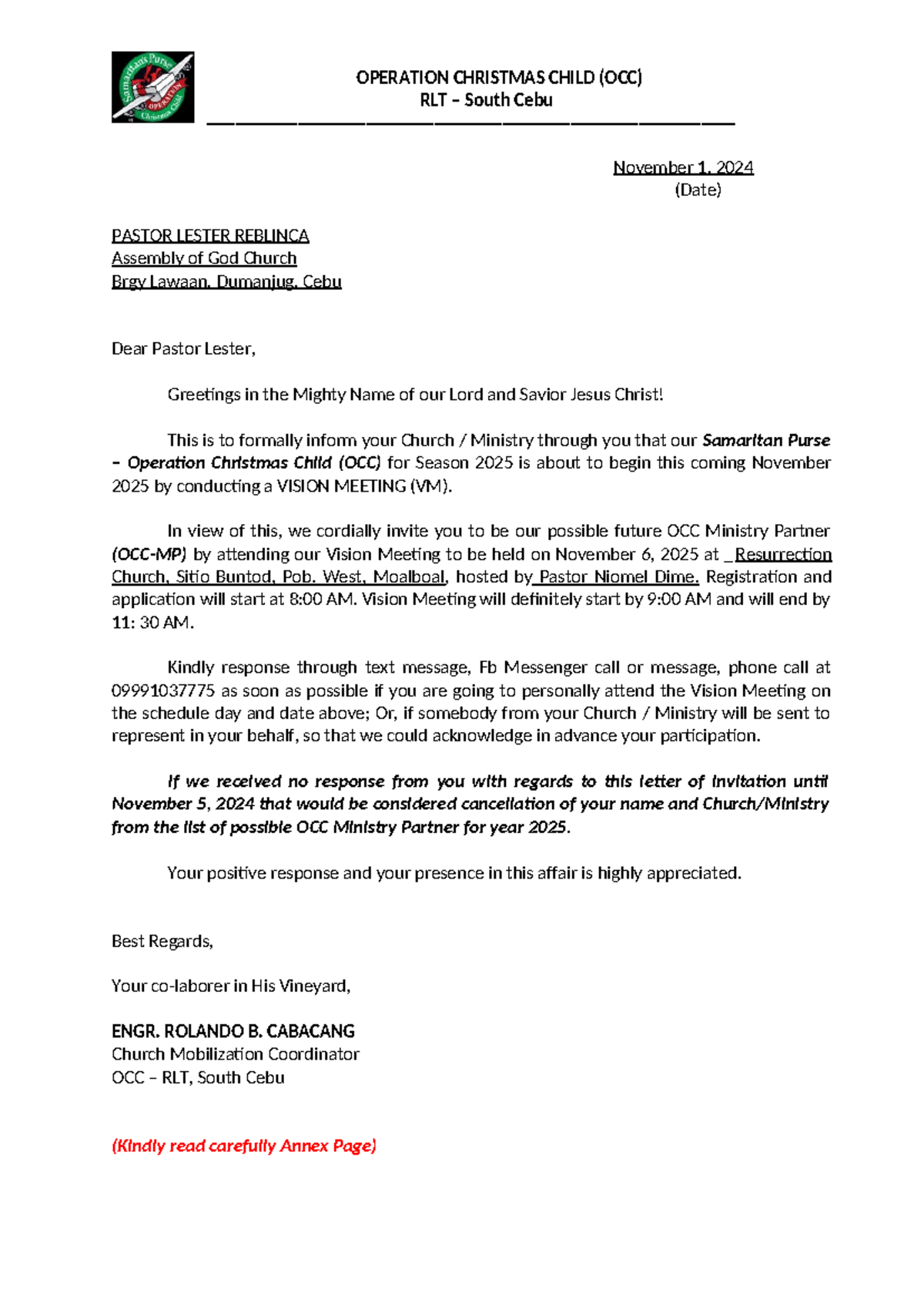 OCC MP Invitation Letter for VM - OPERATION CHRISTMAS CHILD (OCC) RLT ...