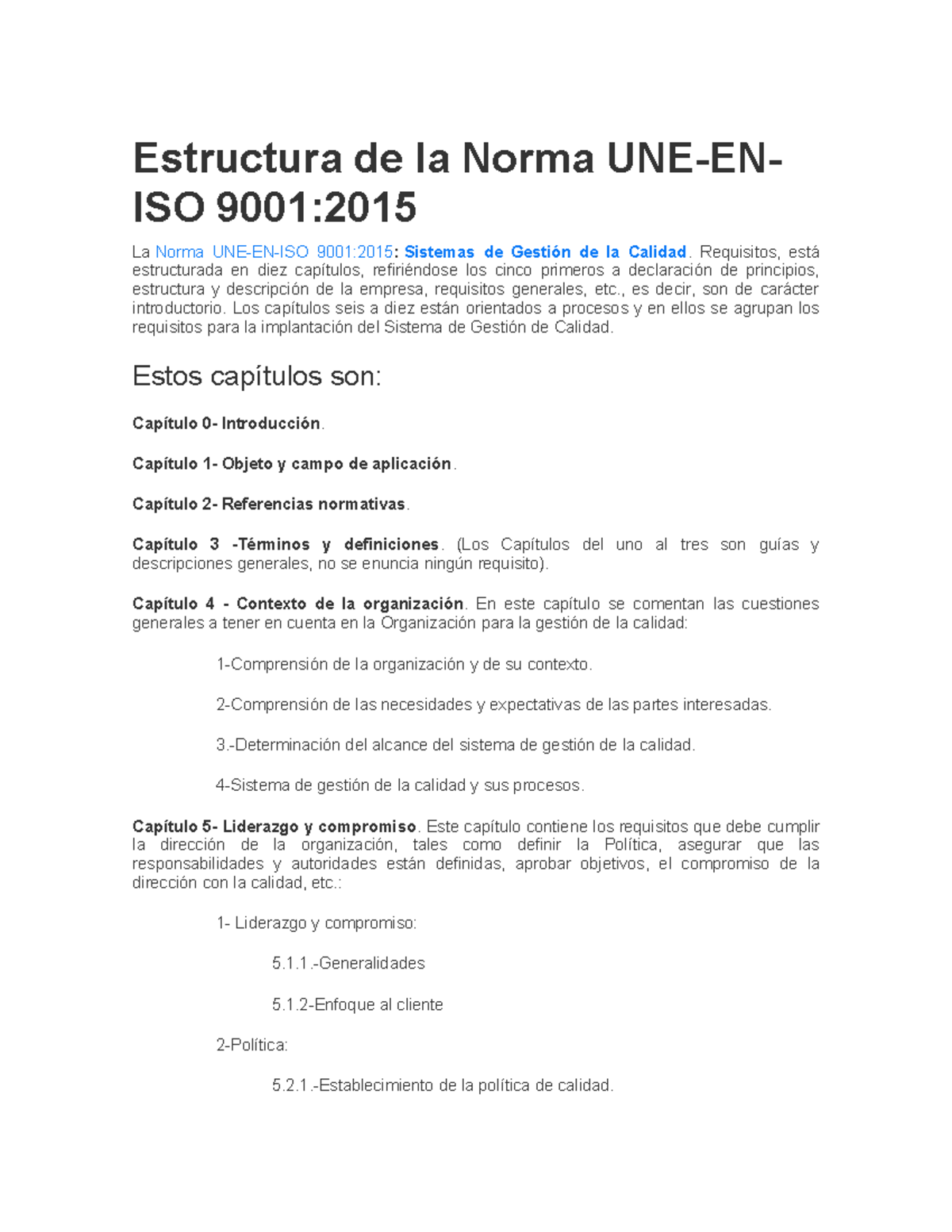 Estructura y Requisitos de la Norma UNE-EN-ISO 9001:2015 - Studocu