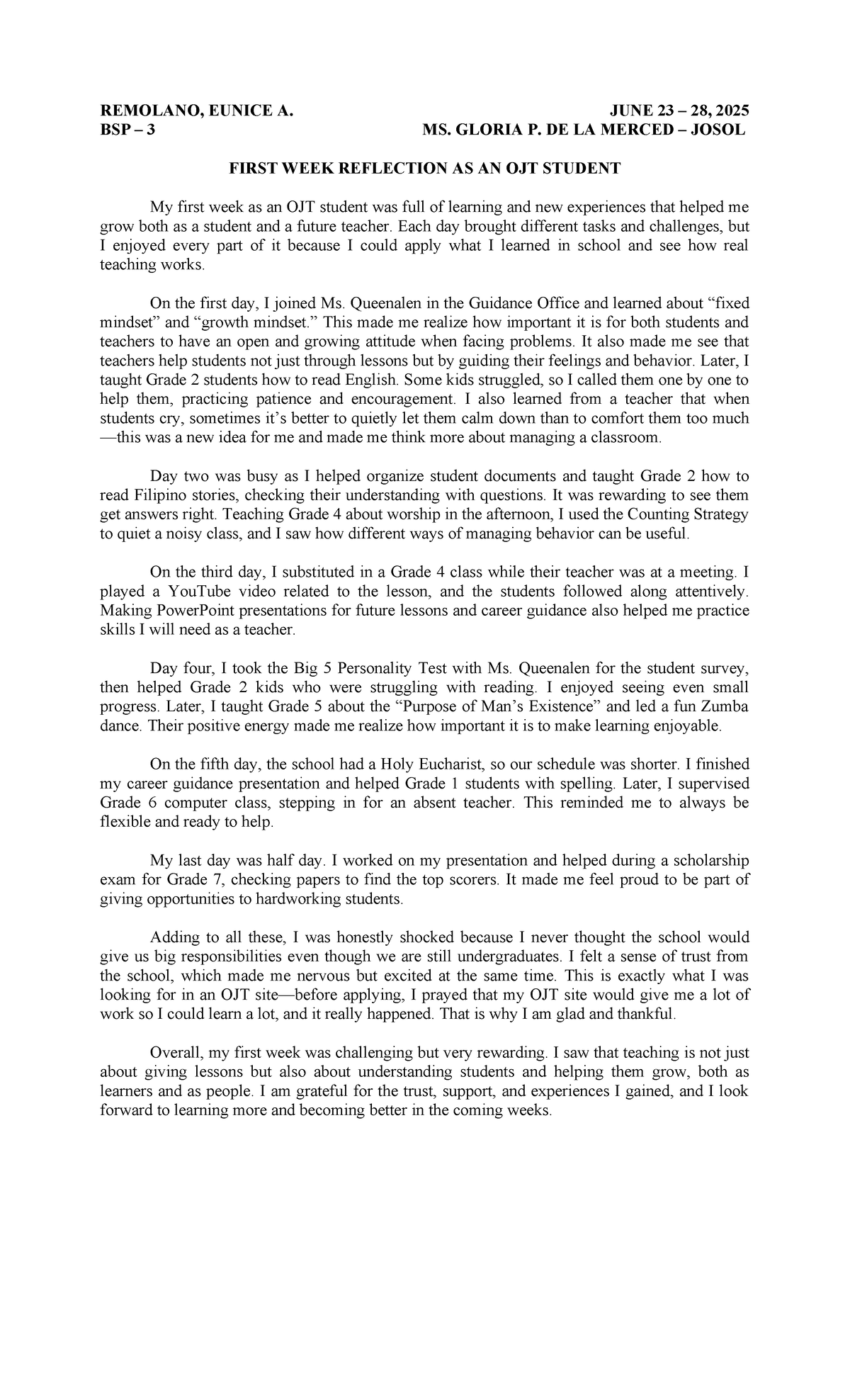 BSP 3 OJT Student First Week Reflection: Learning & Growth - Studocu