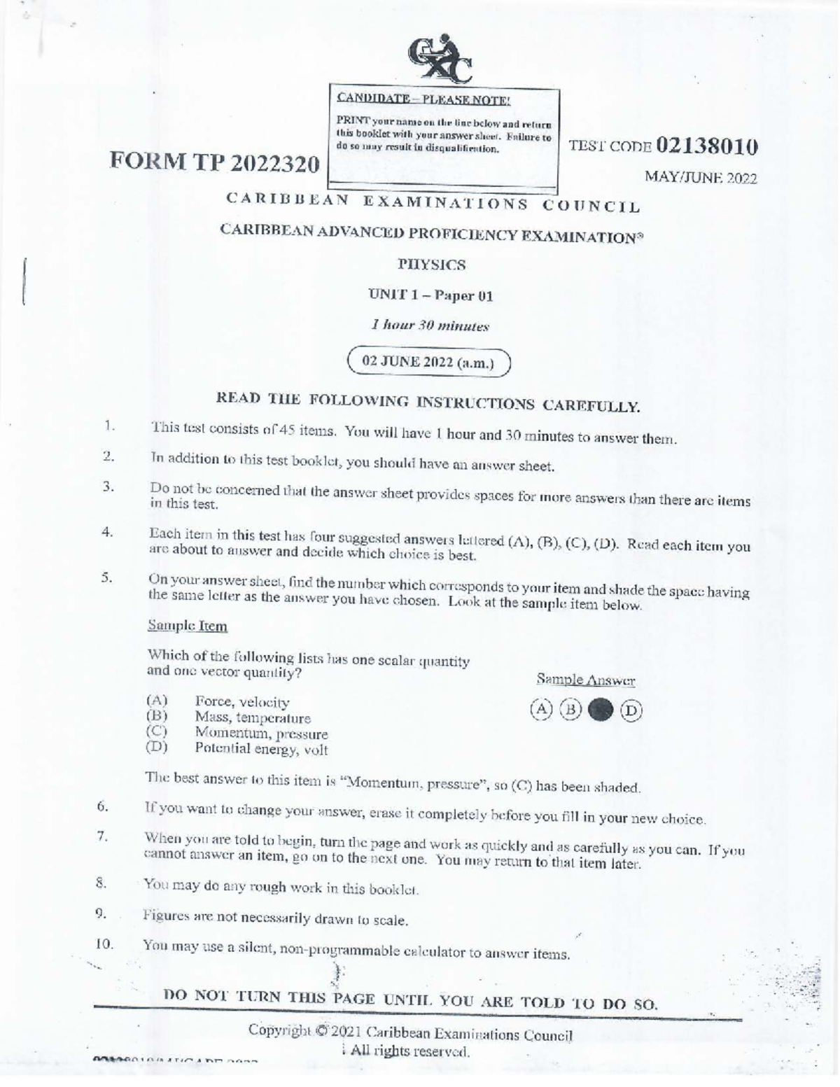 Physics CAPE Unit 1 Paper 01 Past Exam - June 2022 - Studocu