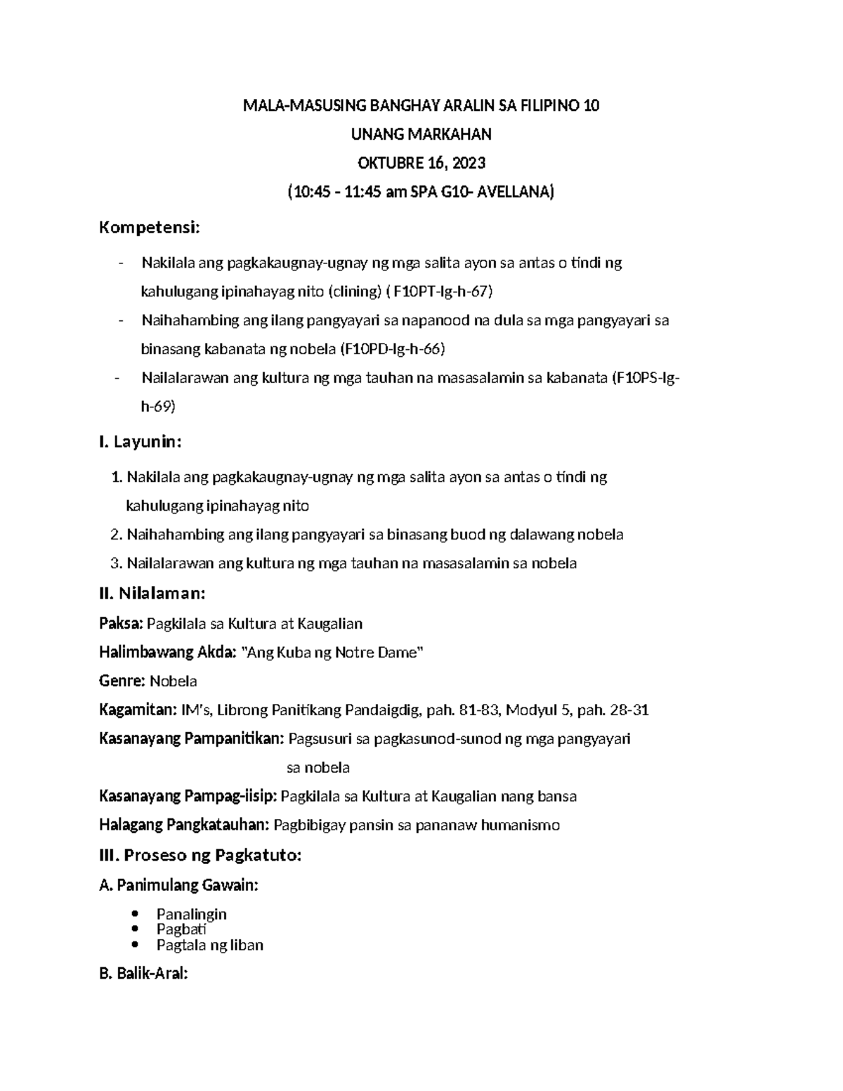 LP Filipino 10 Uni ng Kultura at Kaugalian sa 'Ang Kuba ng Notre Dame ...