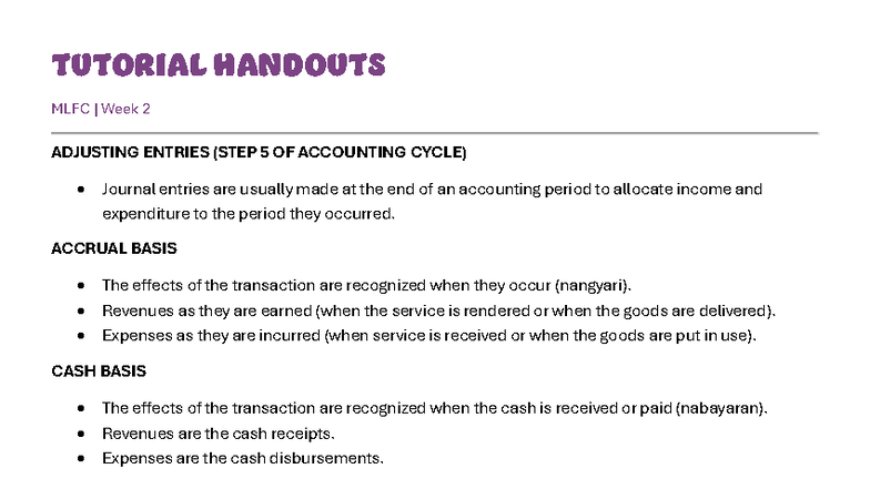 TUTORIAL HANDOUTS MLFC Week 2: Adjusting Entries in Accounting Cycle ...