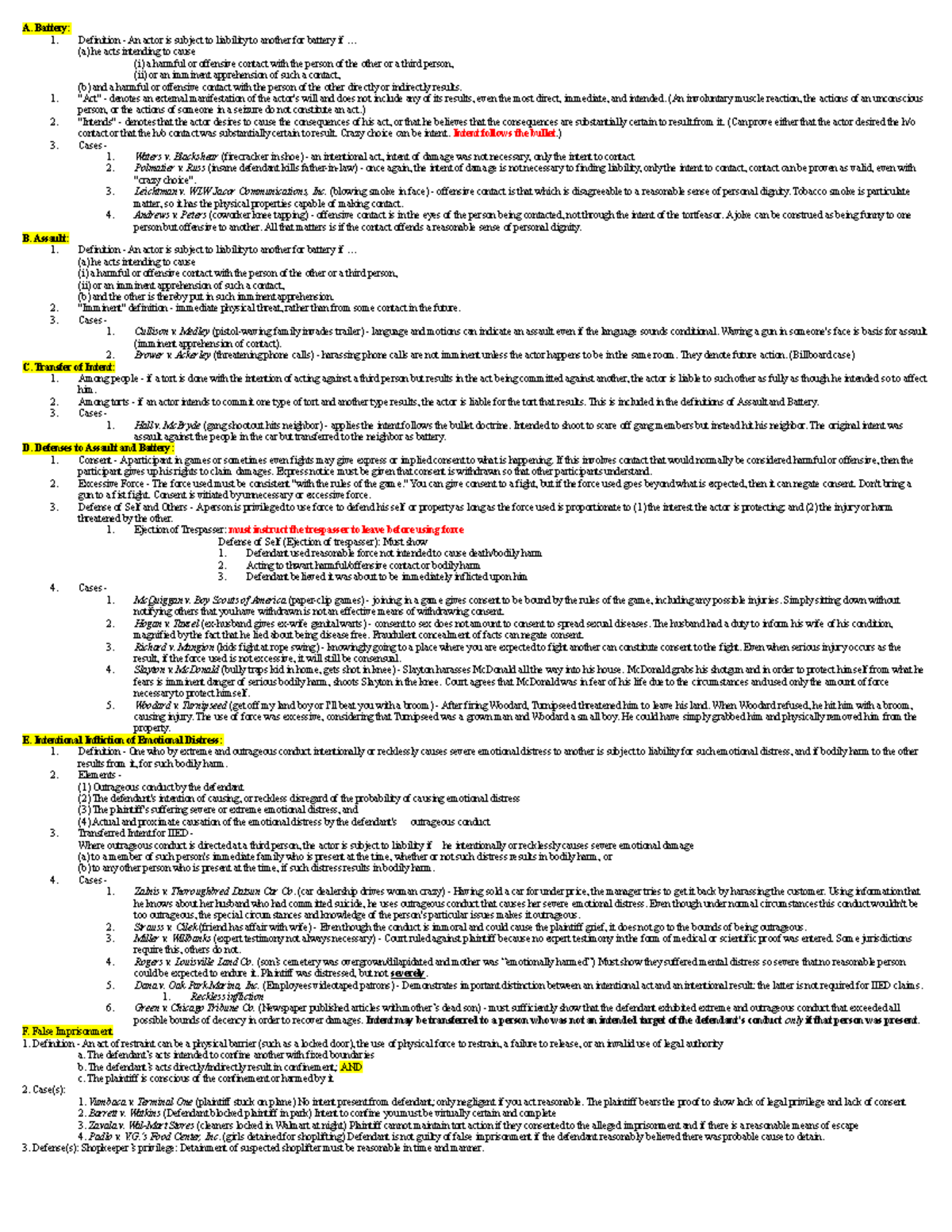 Torts Exam Prep Notes - Cheat Sheet for Law Students - Studocu