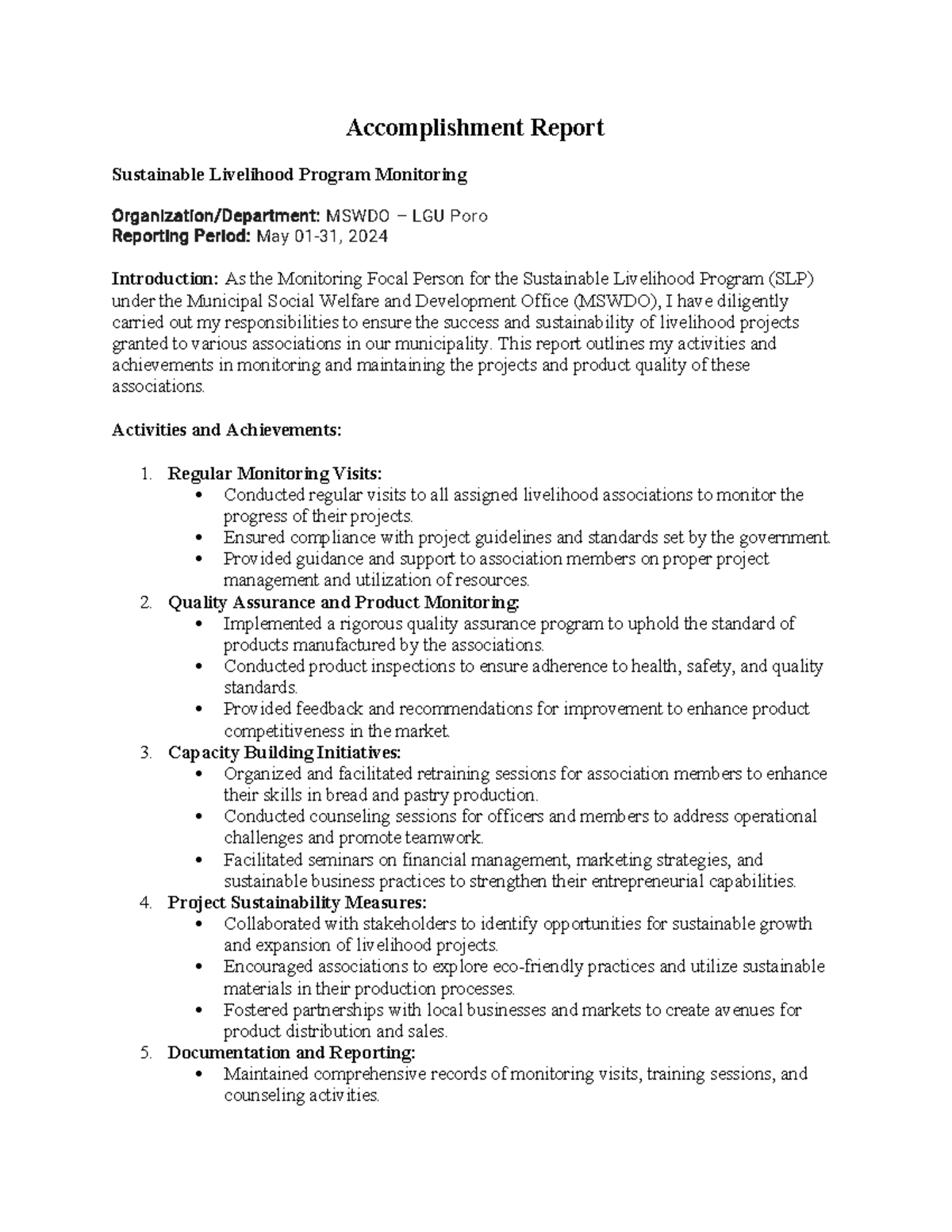 Accomplishment Report: Monitoring Sustainable Livelihood Program (SLP ...