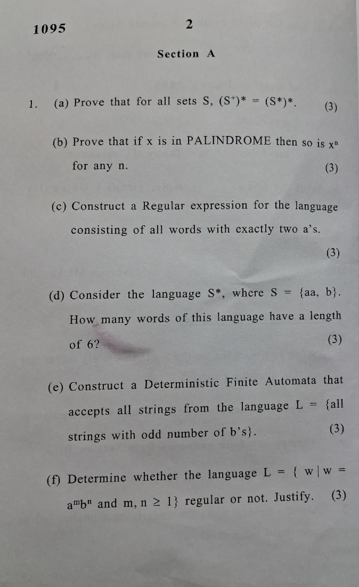 Theory of Computation Previous Year Question paper - 1095 Section A 1 ...
