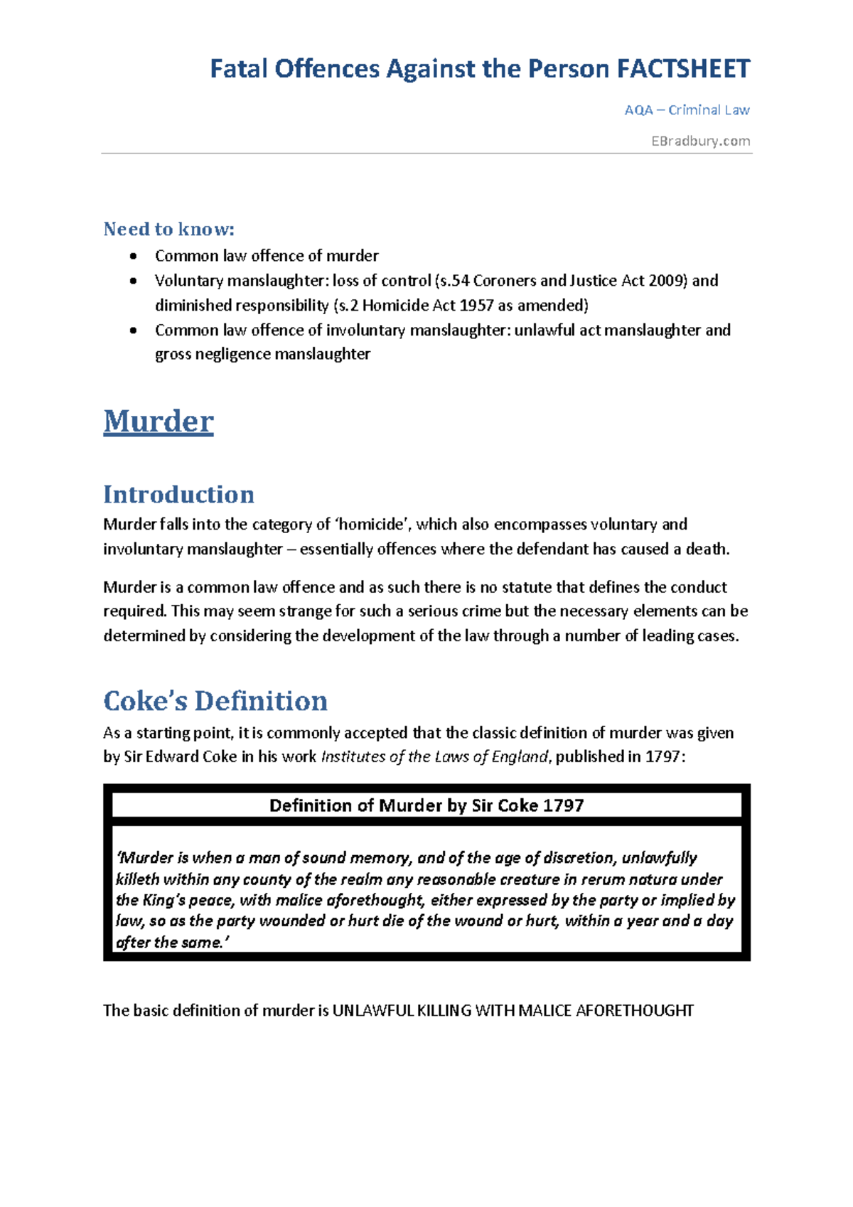 AQA LAW - CRIMINAL - Essential Factsheet on Fatal Offences - Studocu
