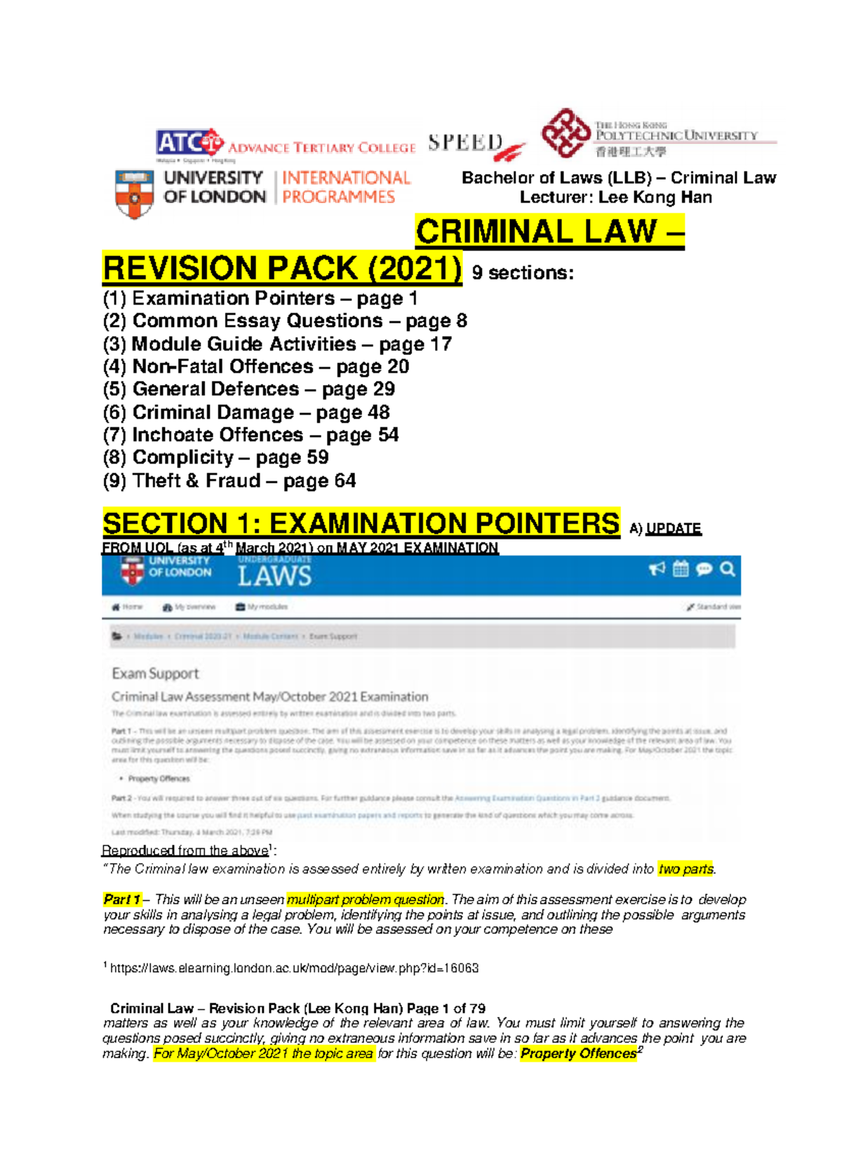 Criminal Law (LLB) - Revision Pack with Exam Pointers & Questions - Studocu