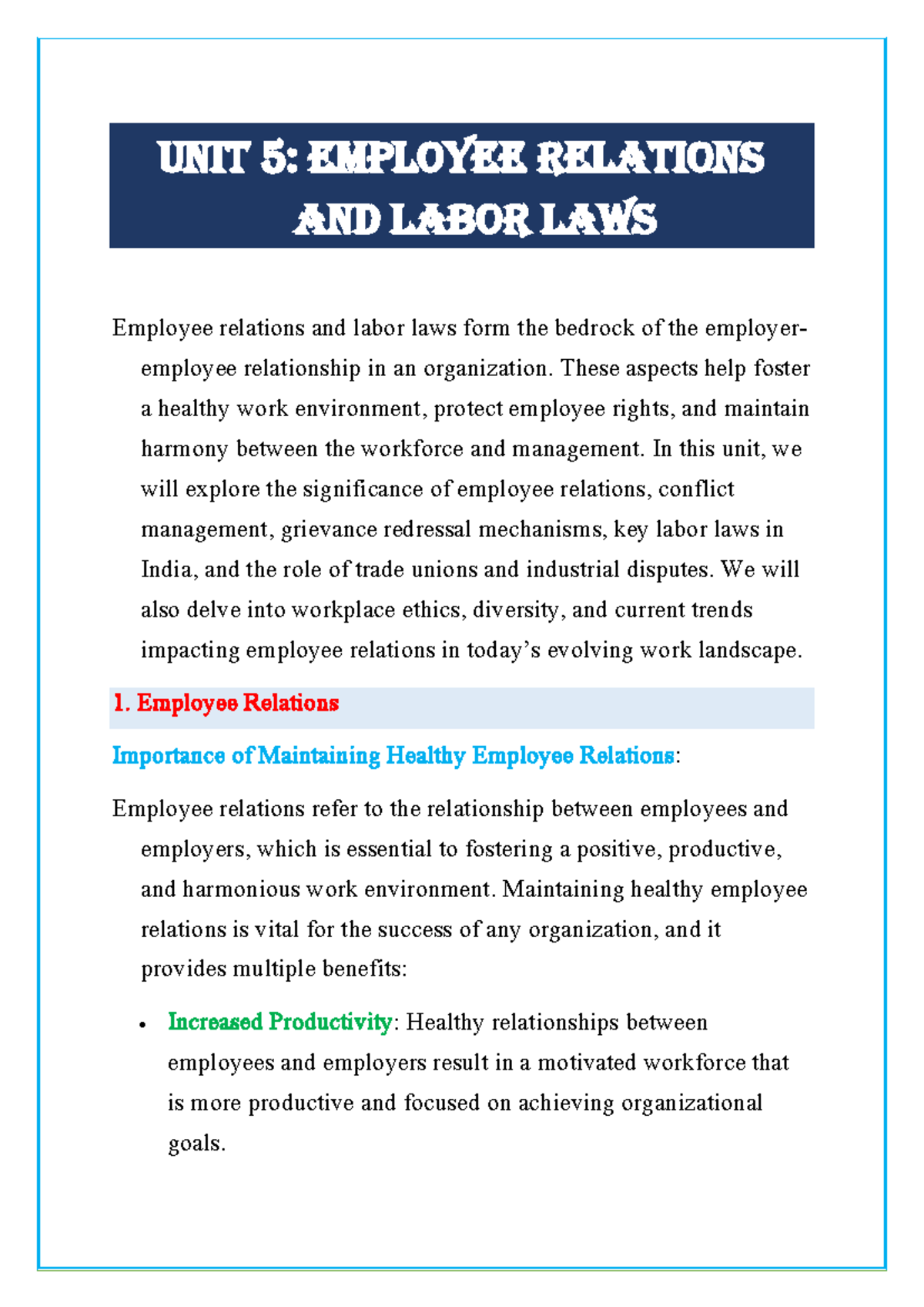 Unit 5: Employee Relations & Labor Laws Overview and Key Insights - Studocu