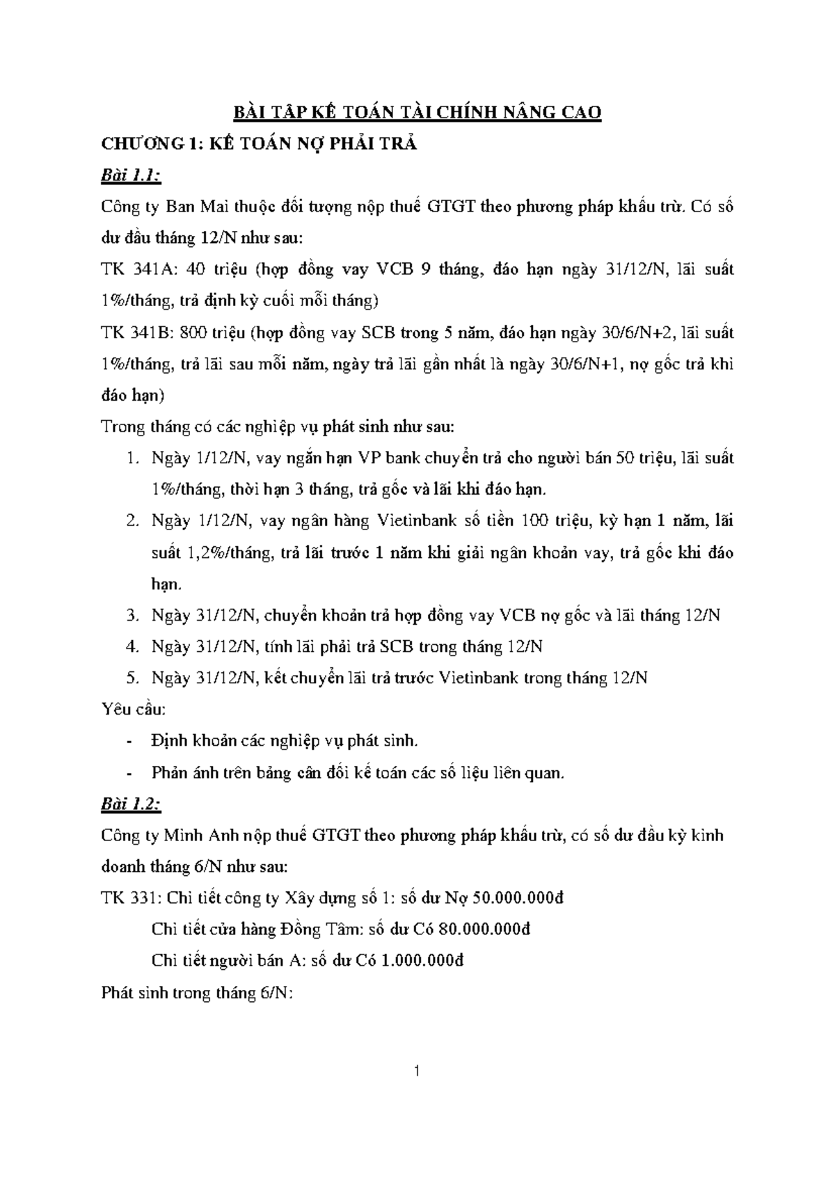 BÀI TẬP KẾ TOÁN TÀI CHÍNH NÂNG CAO - CHƯƠNG 1: KẾ TOÁN NỢ PHẢI TRẢ ...