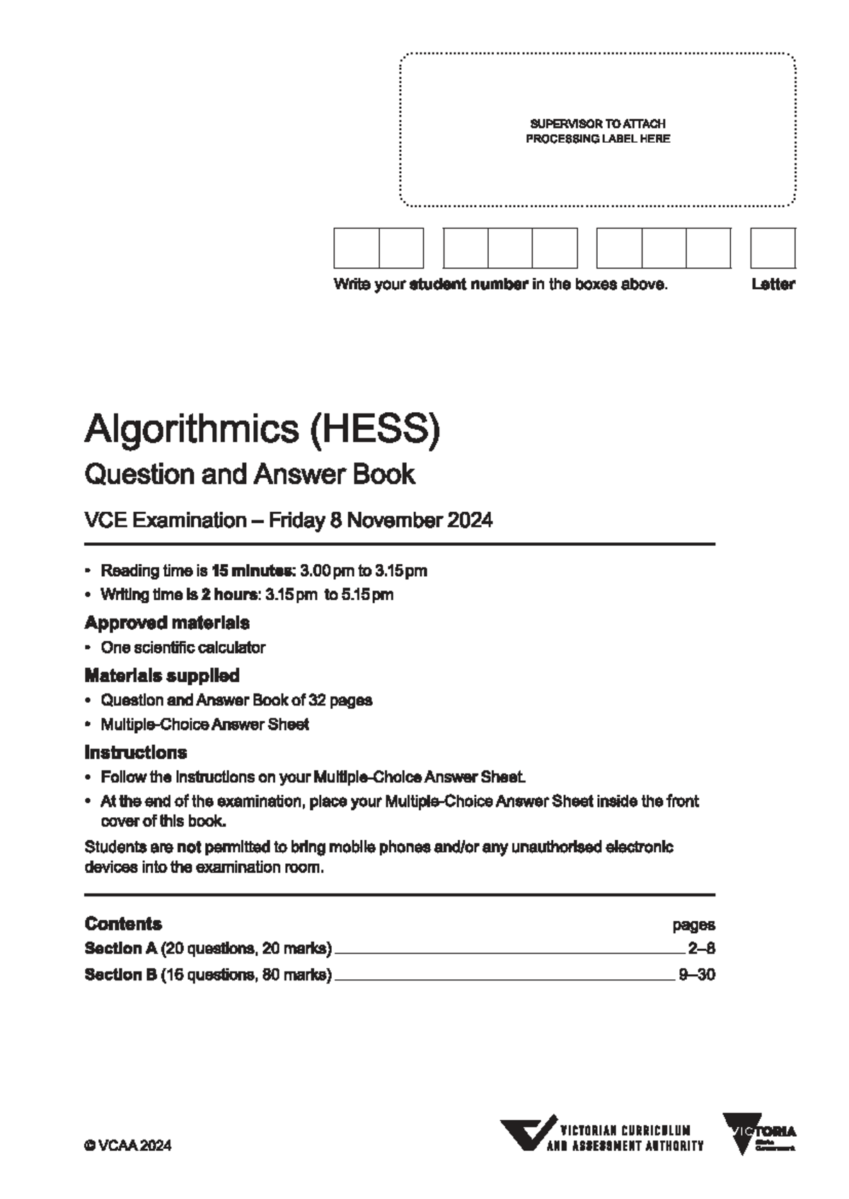 2024 VCE Algorithmics (HESS) Exam Question and Answer Book - Studocu