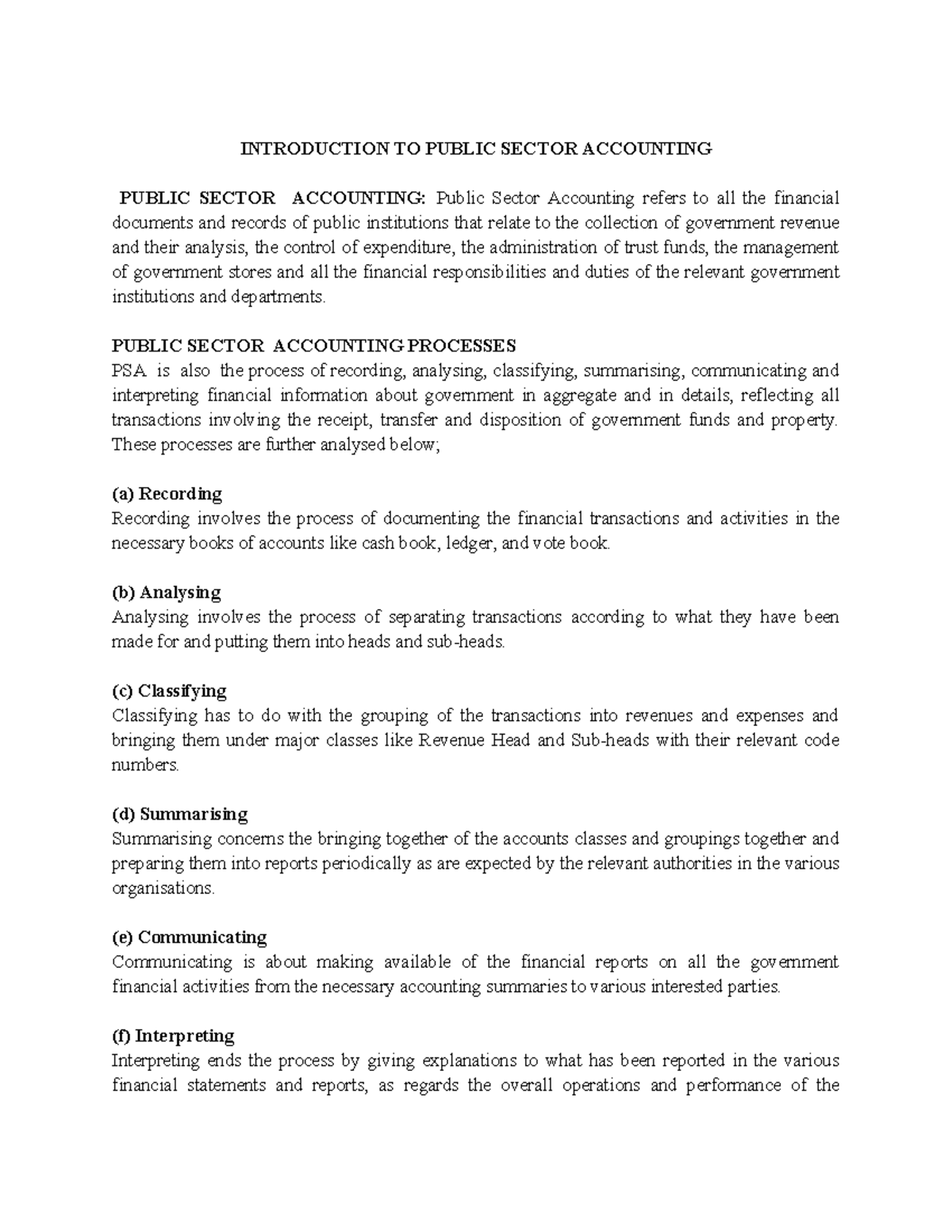 Introduction to Public Sector Accounting (PSA) Overview - Studocu