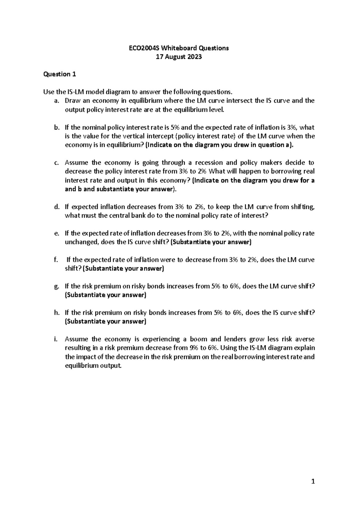 ECO2004 S WEEK 4 Whiteboard Questions - 1 ECO2004S Whiteboard Questions ...
