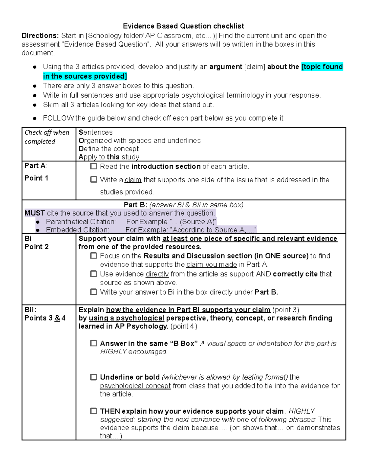 EBQ Checklist Template for AP Psychology Assessment - Studocu
