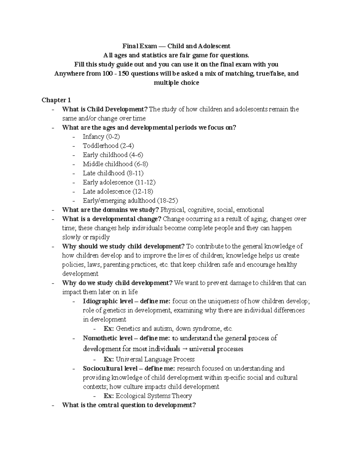 Final Exam Study Guide - Child Development (PSY 201) - Studocu