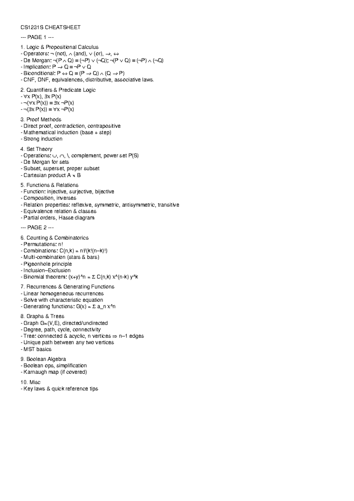 CS1231S Final Exam Cheatsheet: Logic, Set Theory, and More - Studocu