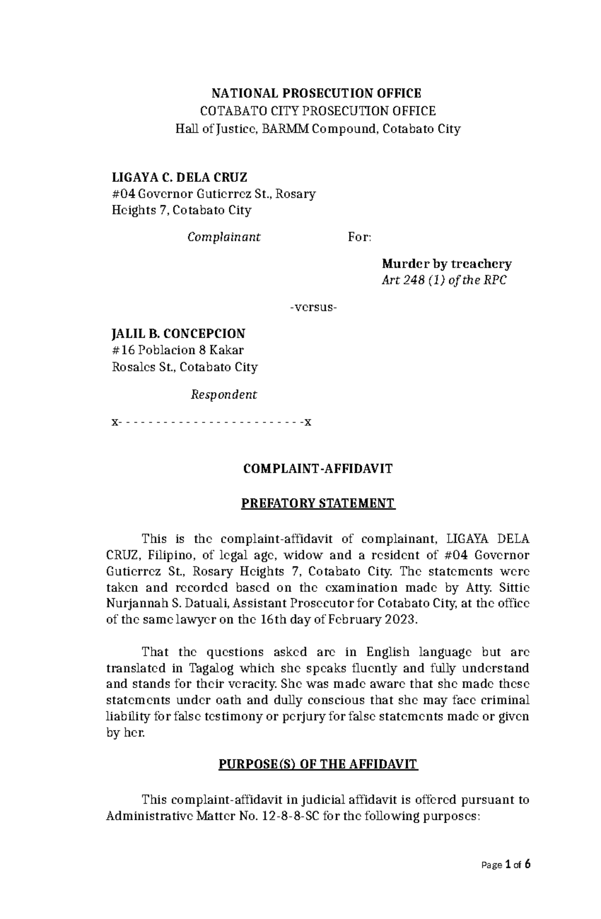 Complaint-Affidavit Format for Murder Case - COTABATO 2023 - Studocu