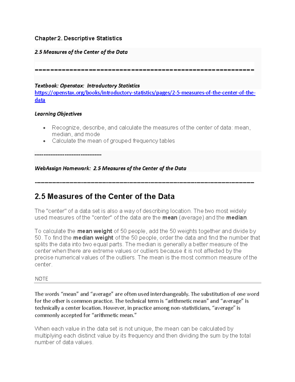 Descriptive Statistics: Measures of Center (Chapter 2.5) - Studocu