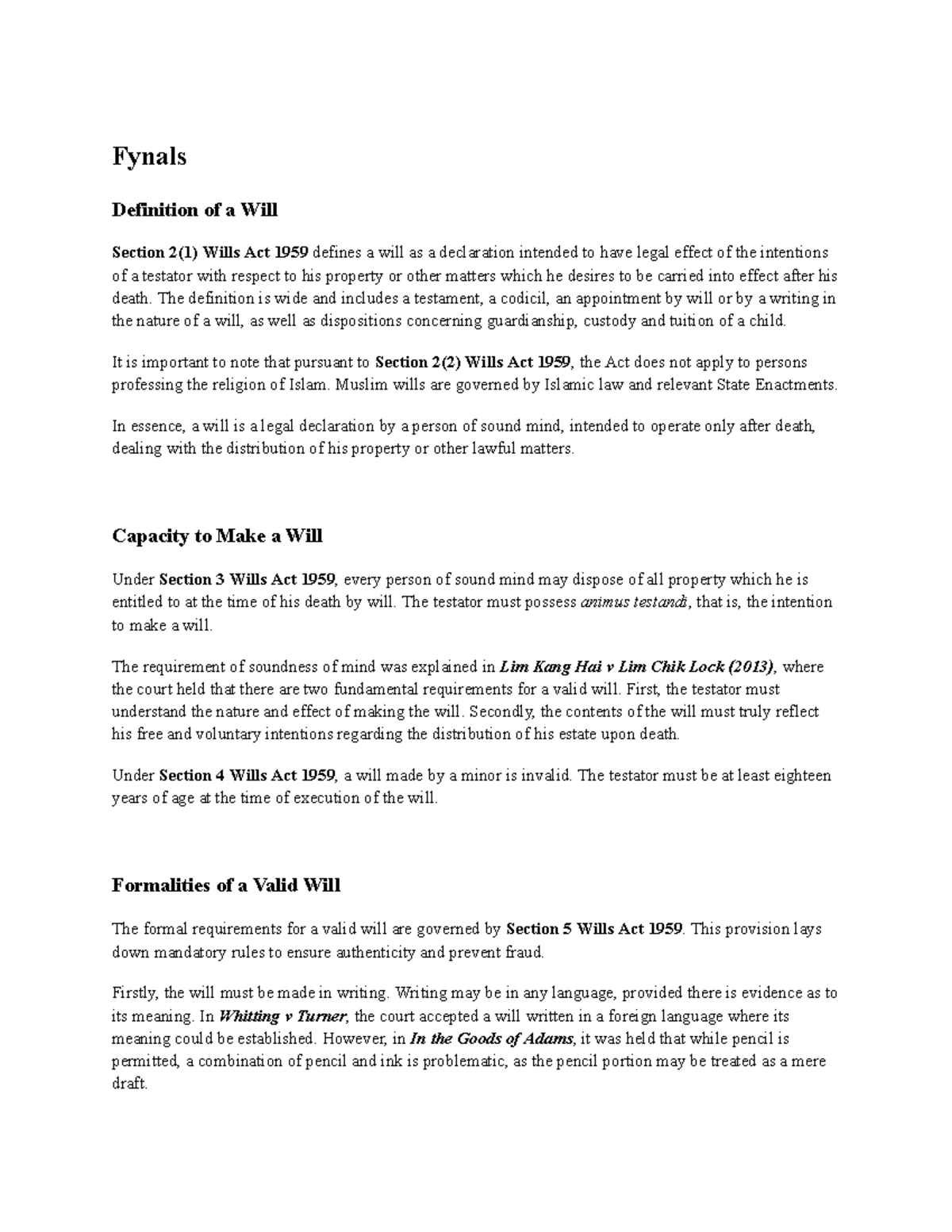 AOT Finals Notes on Wills Act 1959 and Intestacy Law - Studocu