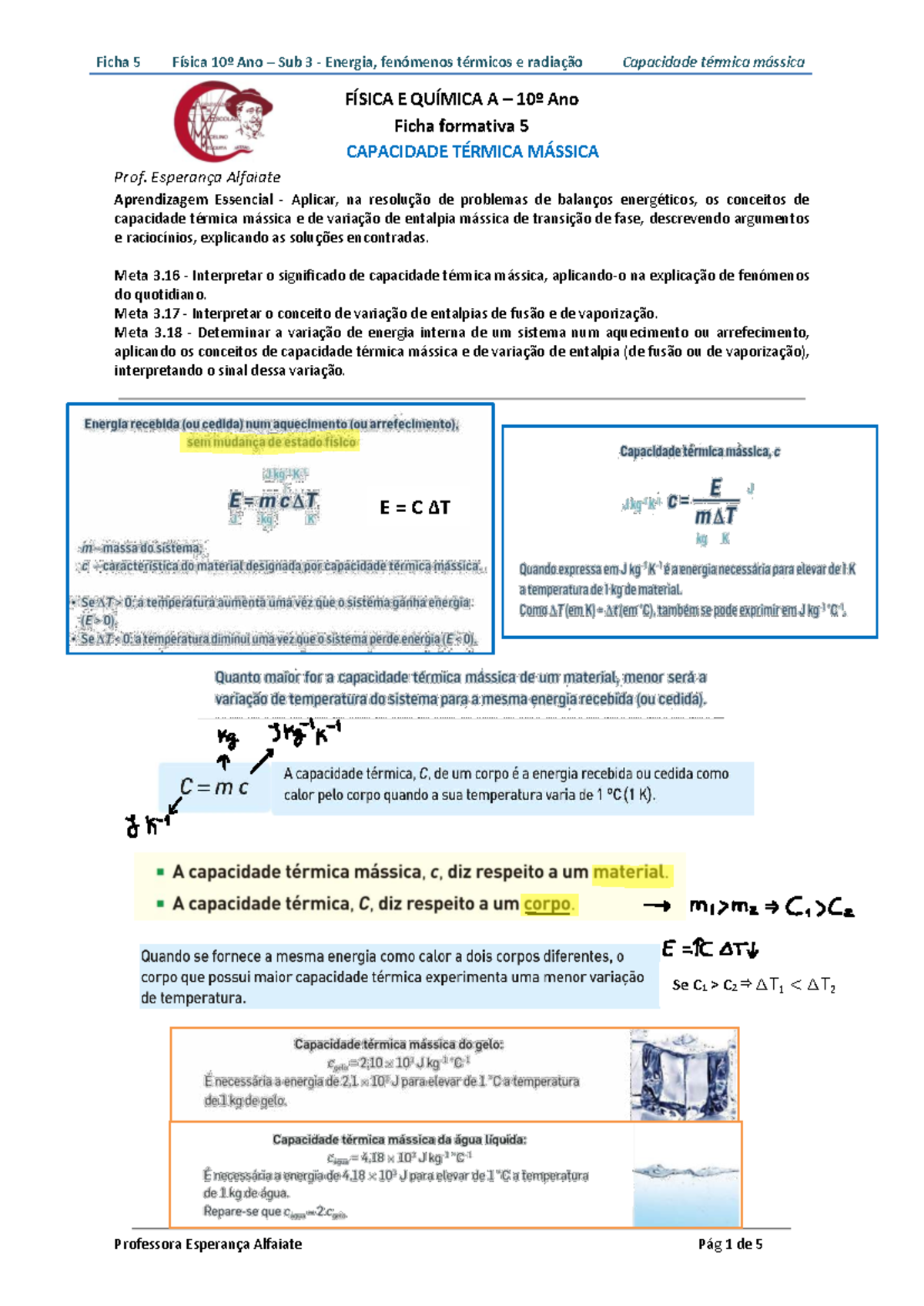 Ficha 5 Física 10º Ano: Capacidade Térmica Mássica e Fenómenos Térmicos ...