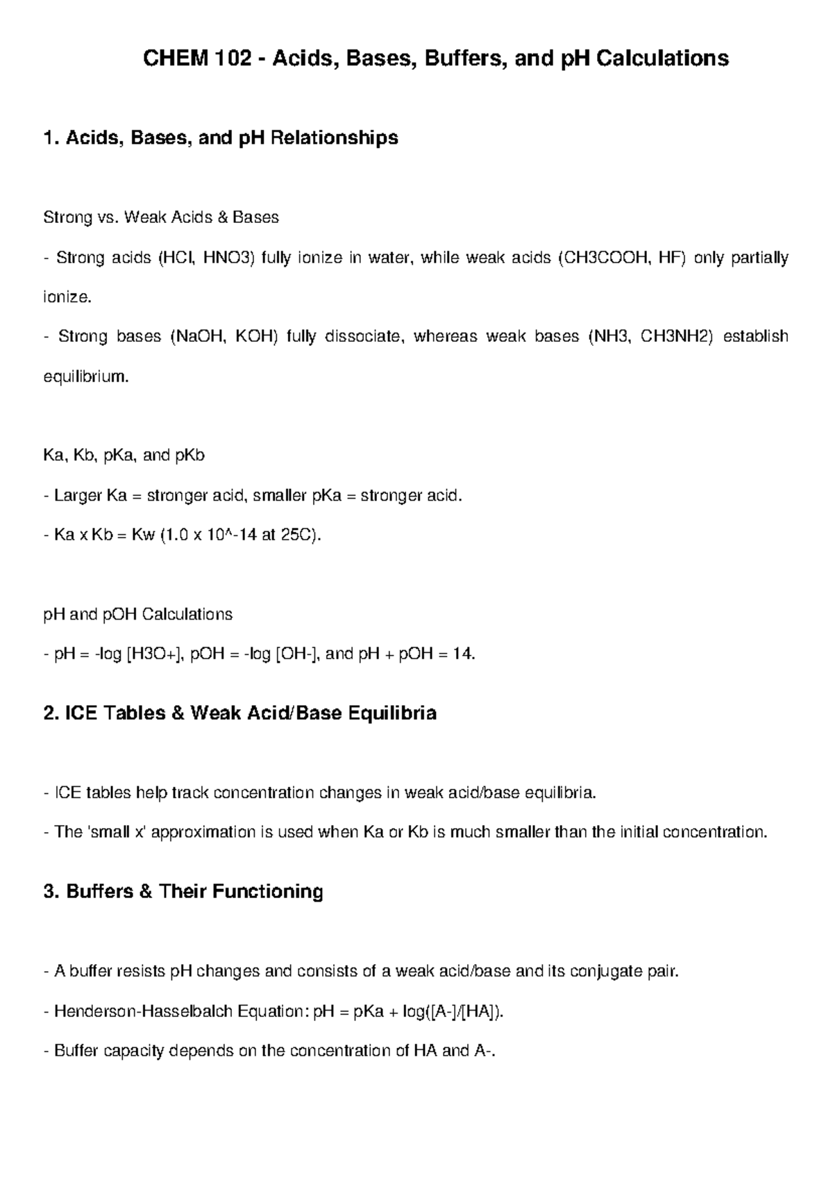 Chem 102 Week 8 - Acids, Bases, Buffers, and pH Calculations Notes ...