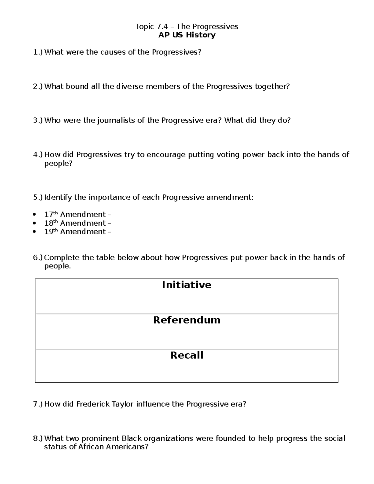 AP US History: Topic 7.4 - Progressives Video Activity Notes - Studocu