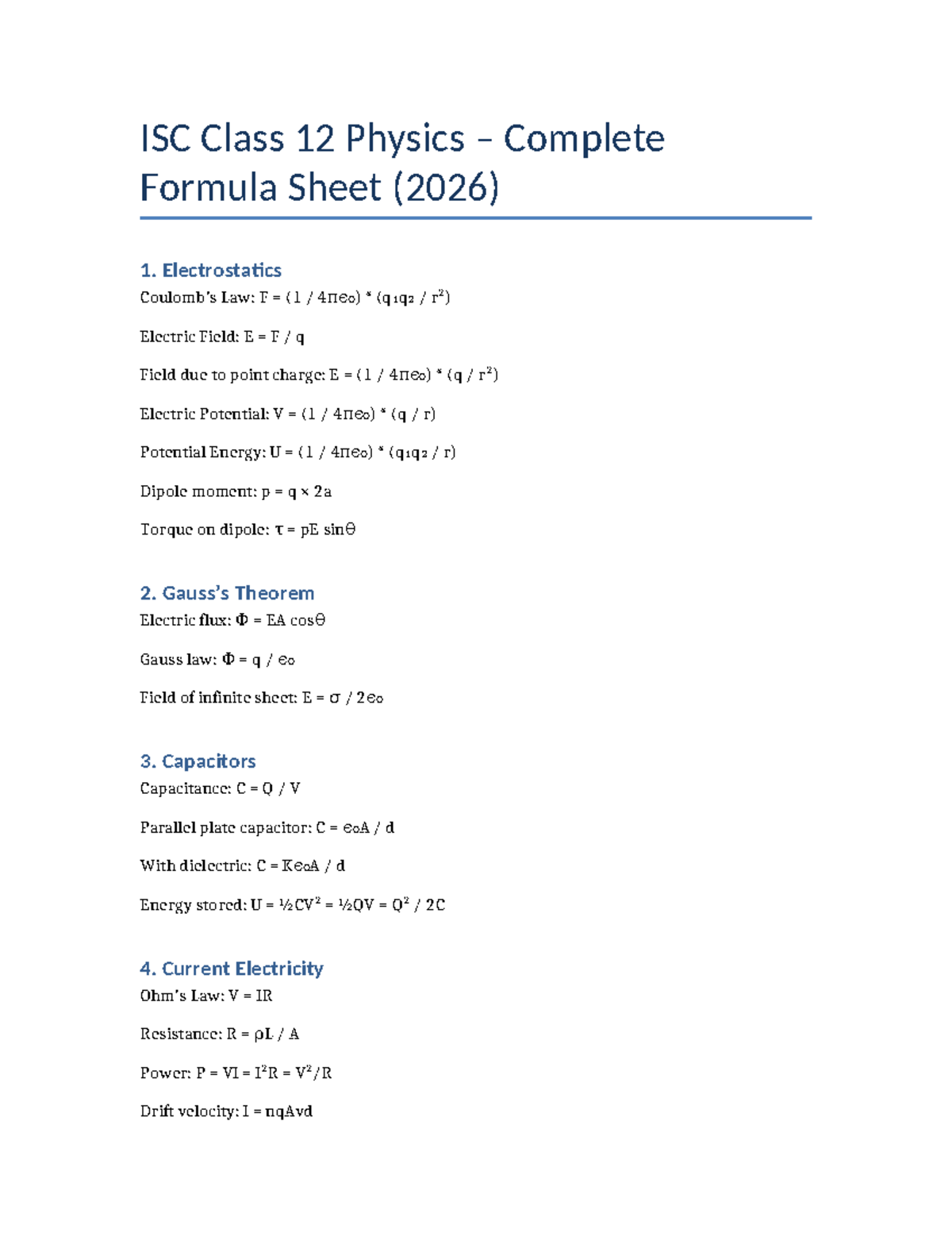 ISC Class 12 Physics Complete Formula Sheet (2026) - Studocu