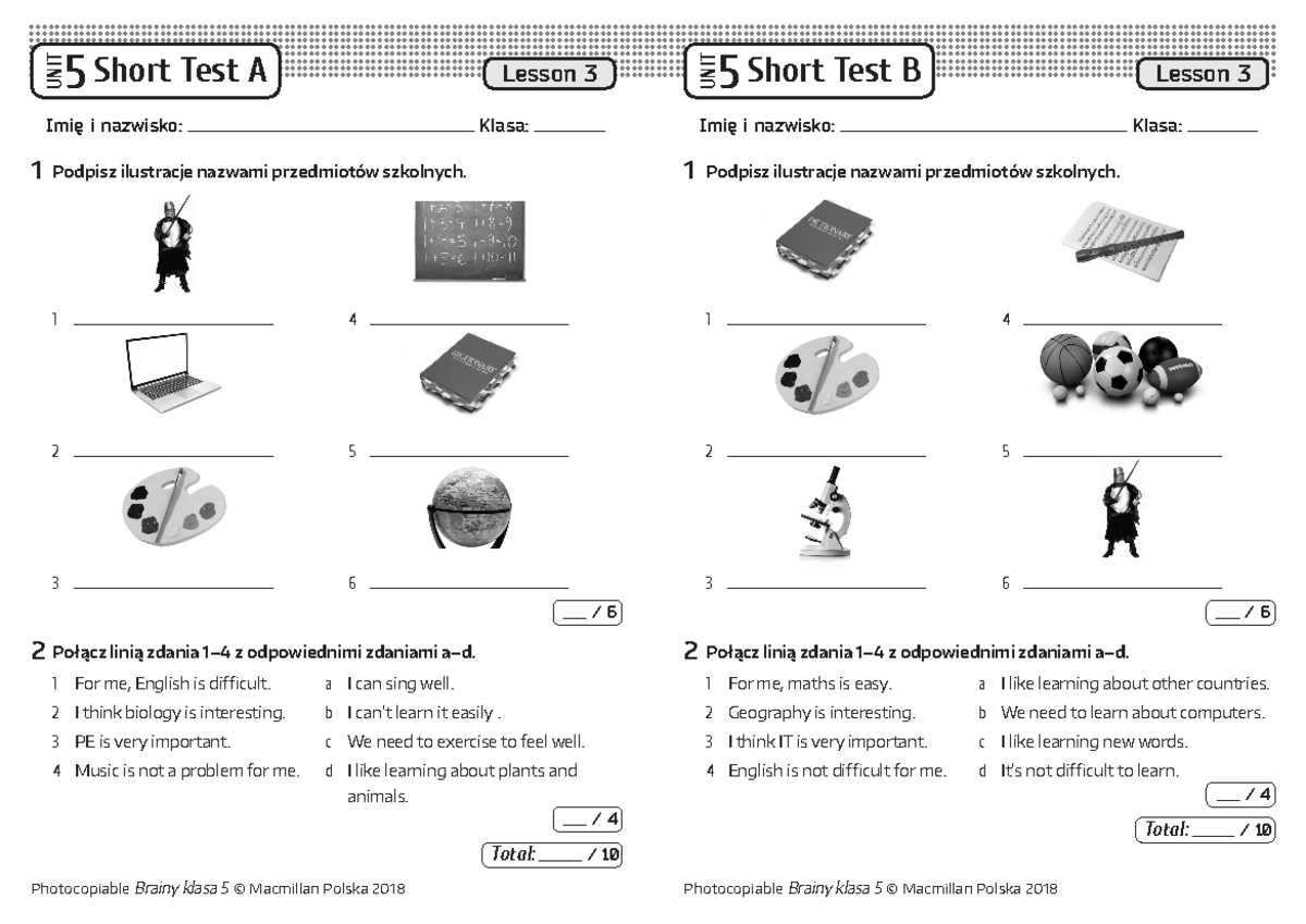 Brainy 5 Short Tests for Unit 5, Lesson 3 - Practice Tests A & B - Studocu