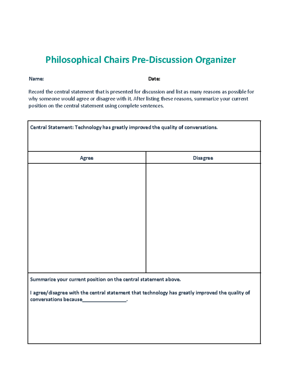 Philosophical Chairs Pre-Discussion Organizer - After listing these ...