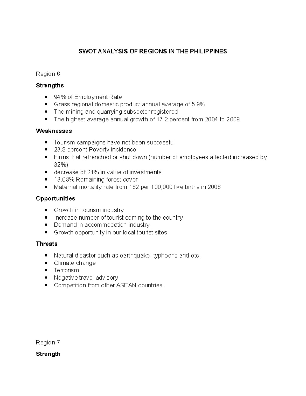 SWOT Analysis of Regions 6, 7, and 10 in the Philippines - Studocu