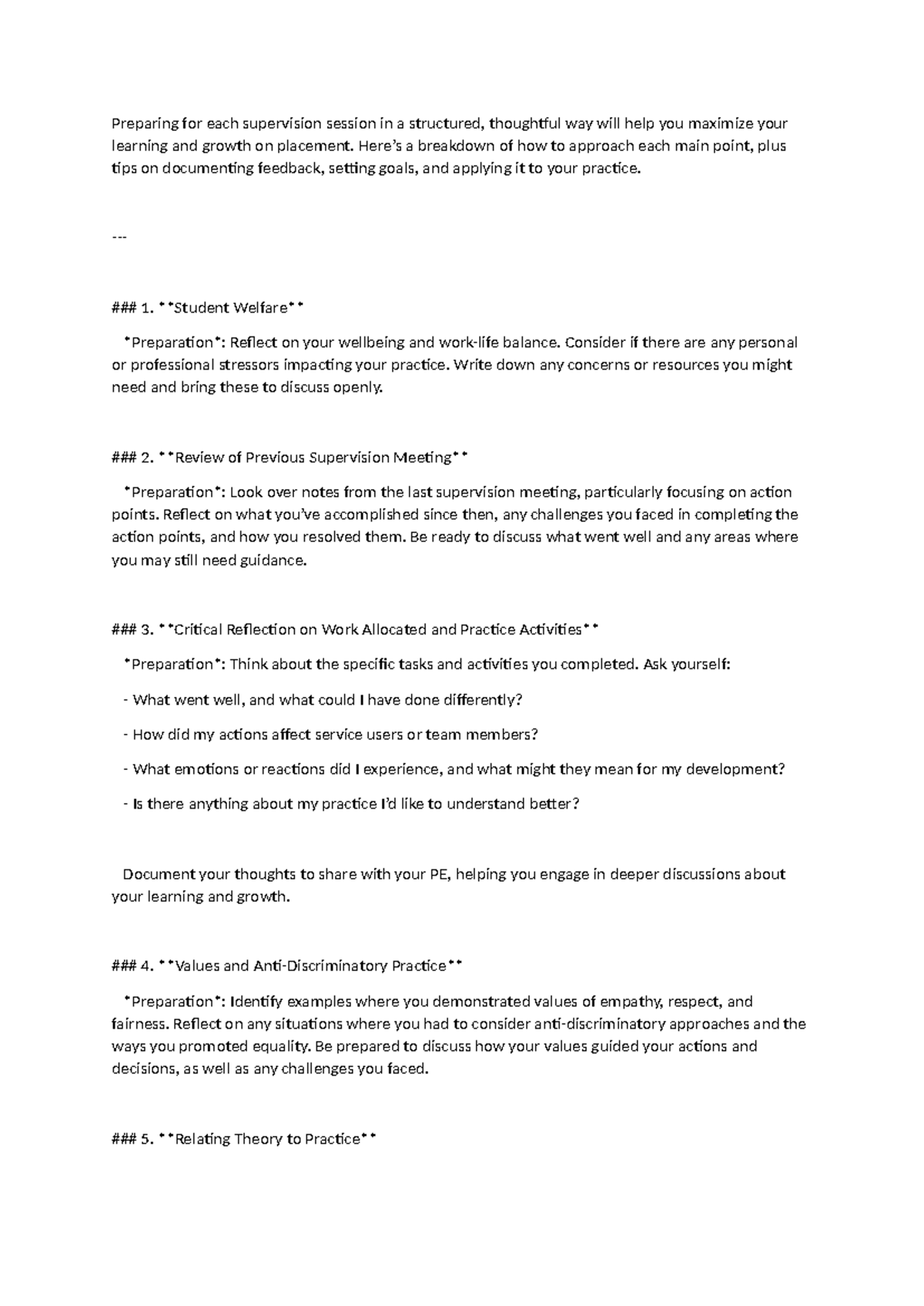 Supervision Preparation Guide for Effective Practice Reflection - Studocu