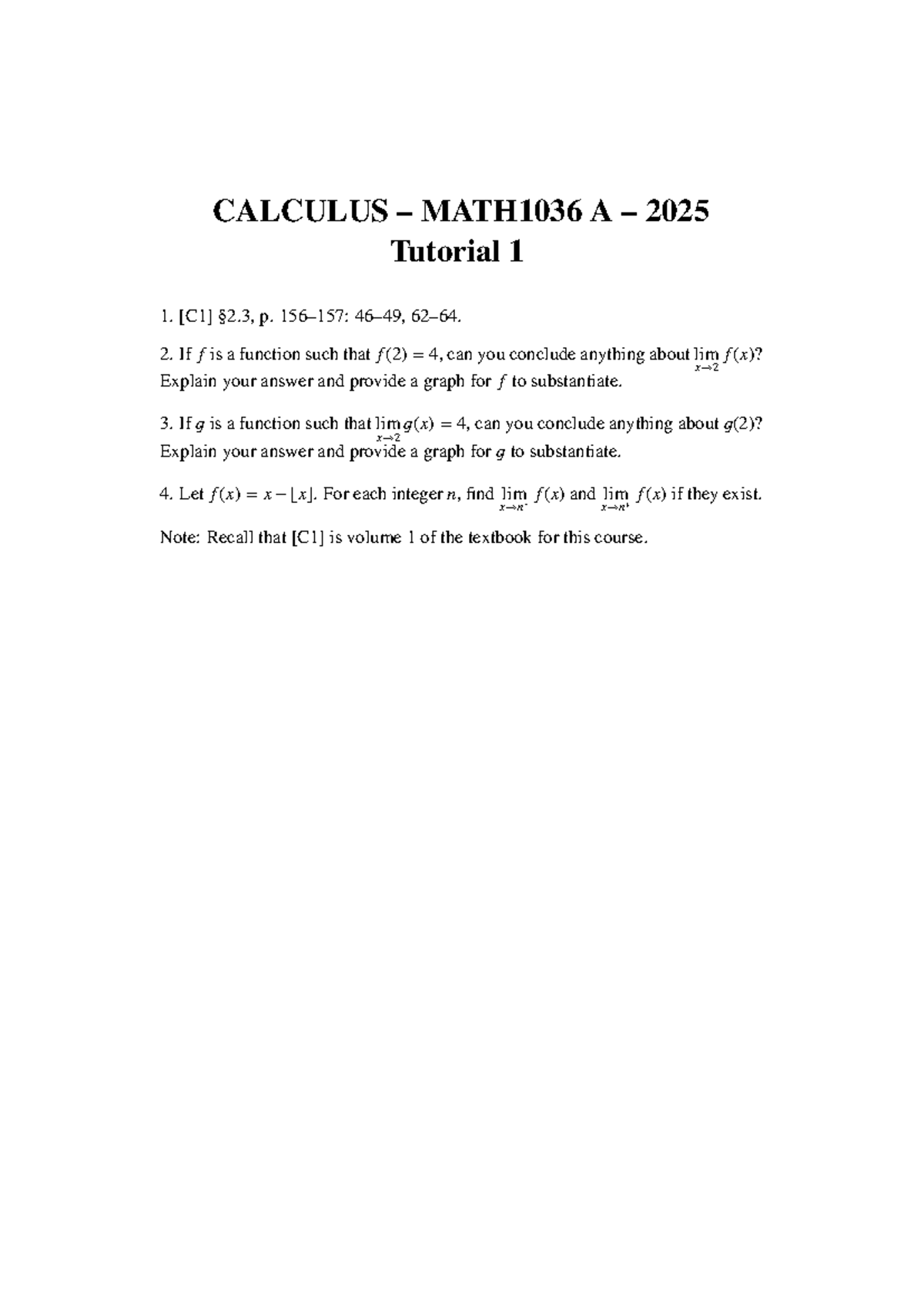 Math1036 2025 tut 1 - tutorial questions - CALCULUS – MATH1036 A – 2025 ...