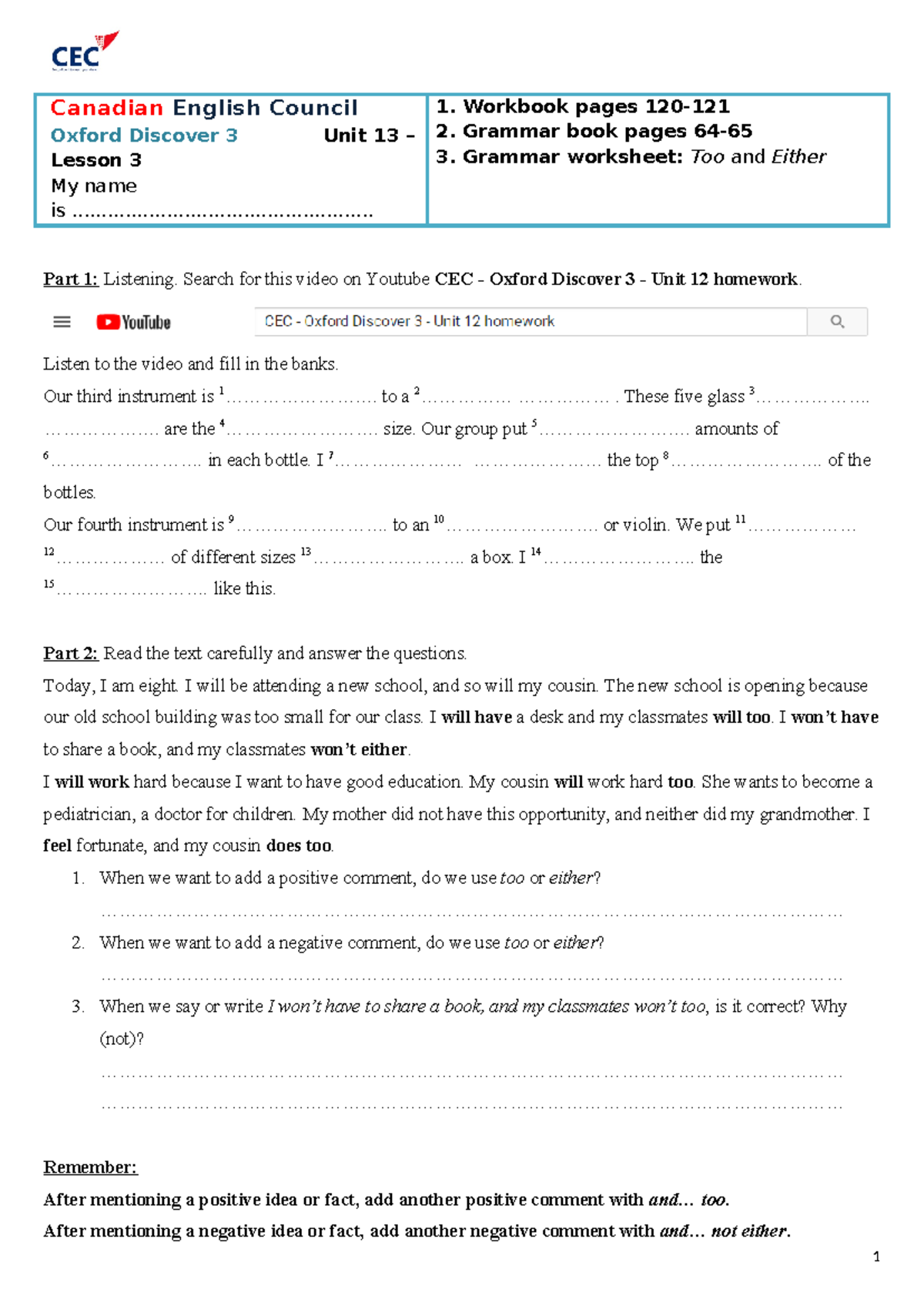 Oxford Discover 3 - Grammar Worksheet - Unit 13 - Lesson 3 Activities ...