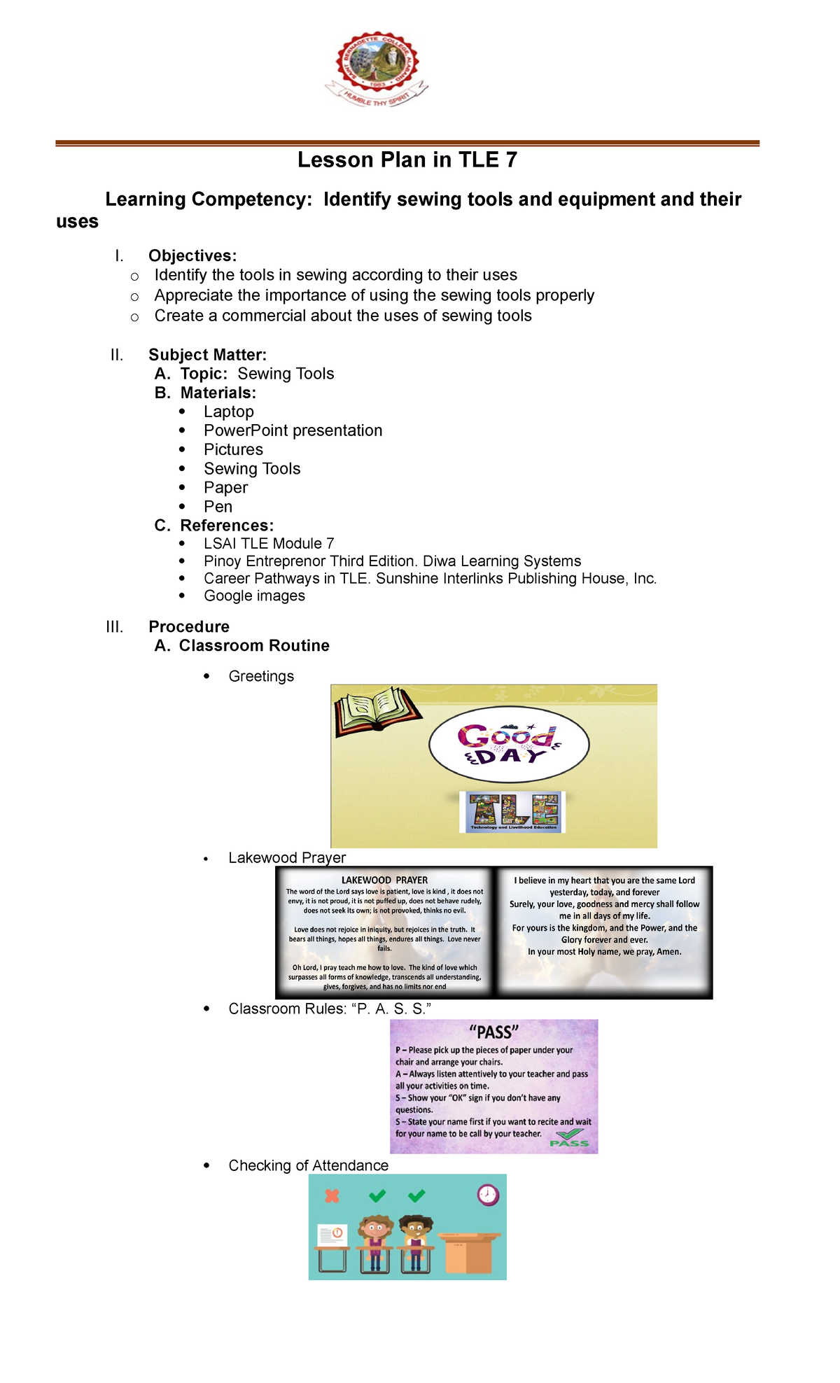 TLE 7 - Lesson Plan on Sewing Tools and Their Uses - Studocu