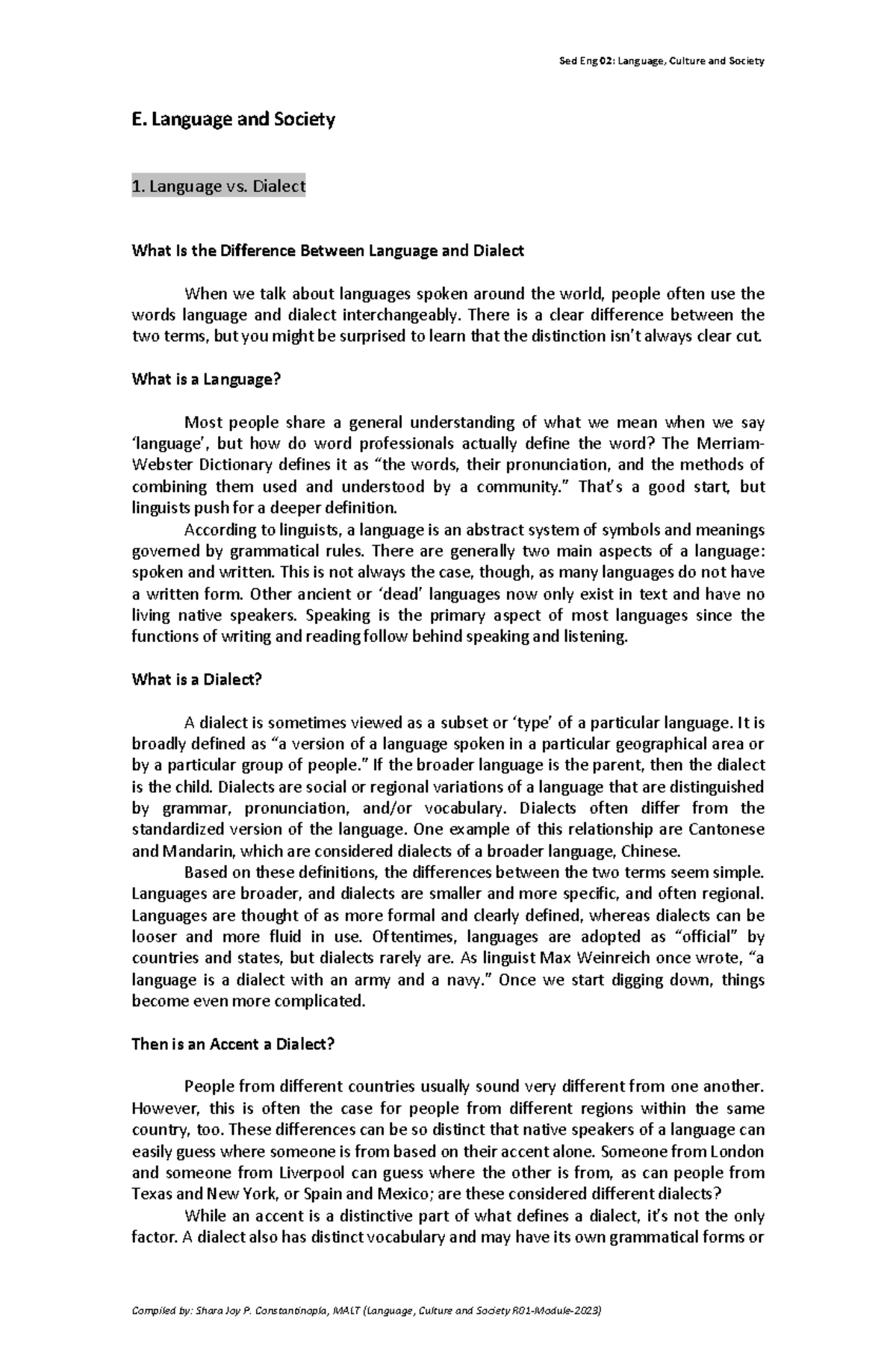 Language, Culture and Society: Dialects, Speech Communities & Borrowing - Studocu