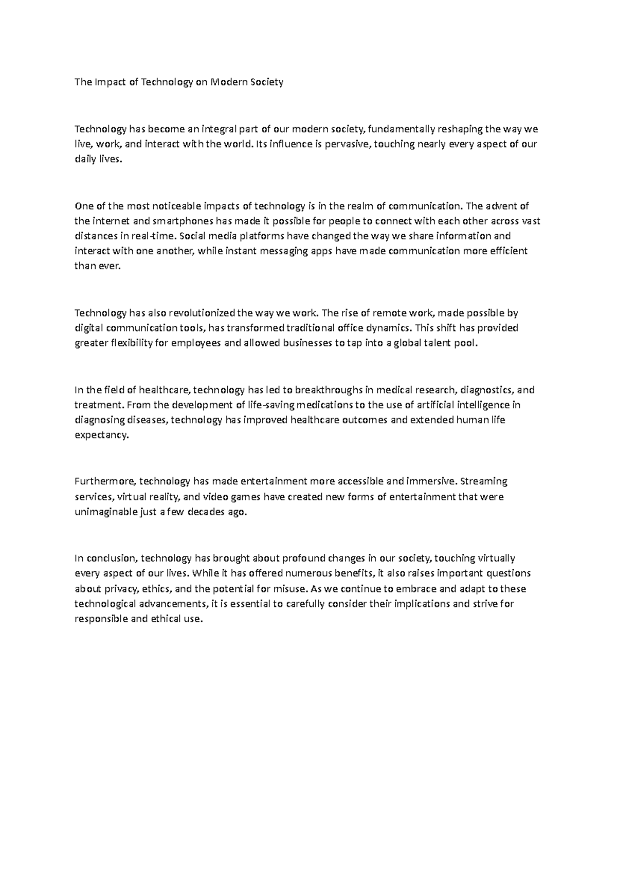 Studocu - english critical writing - The Impact of Technology on Modern ...