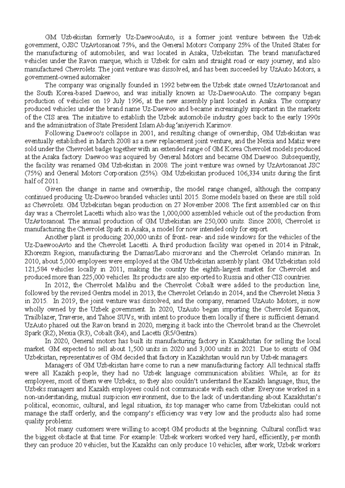 Case Study on GM Uzbekistan: Transition from Uz-Daewoo to UzAuto - Studocu