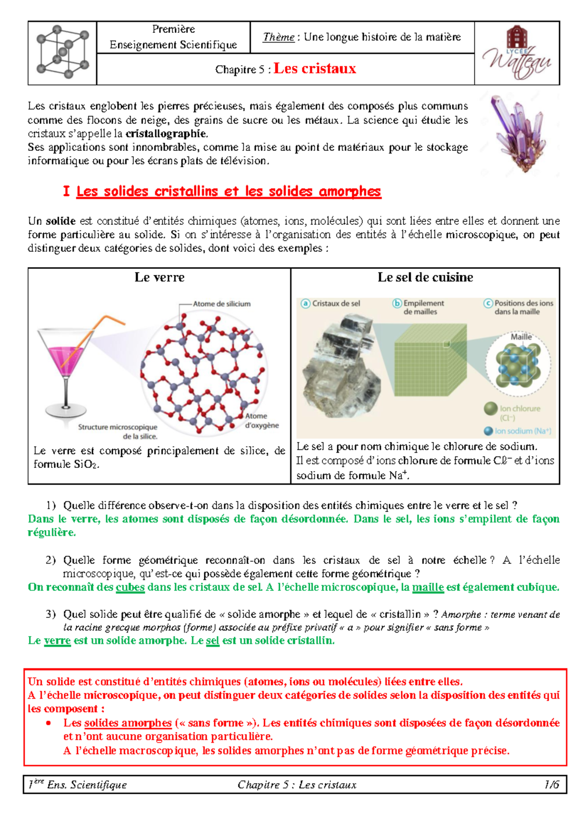 1ère Enseignement Scientifique Chapitre 5 : Les Cristaux et leurs ...
