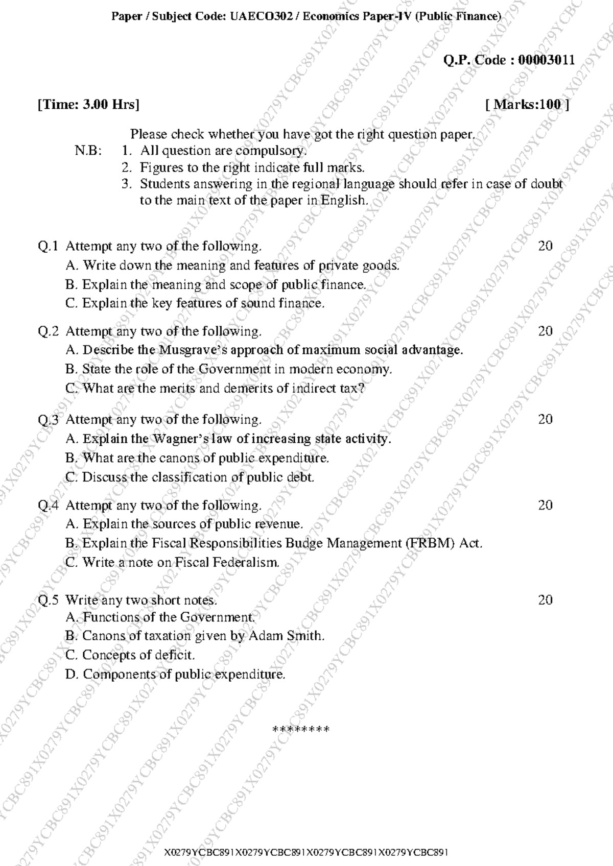 Economics Paper-IV (Public Finance) Exam Q.P. Code: UAECO302 - Studocu