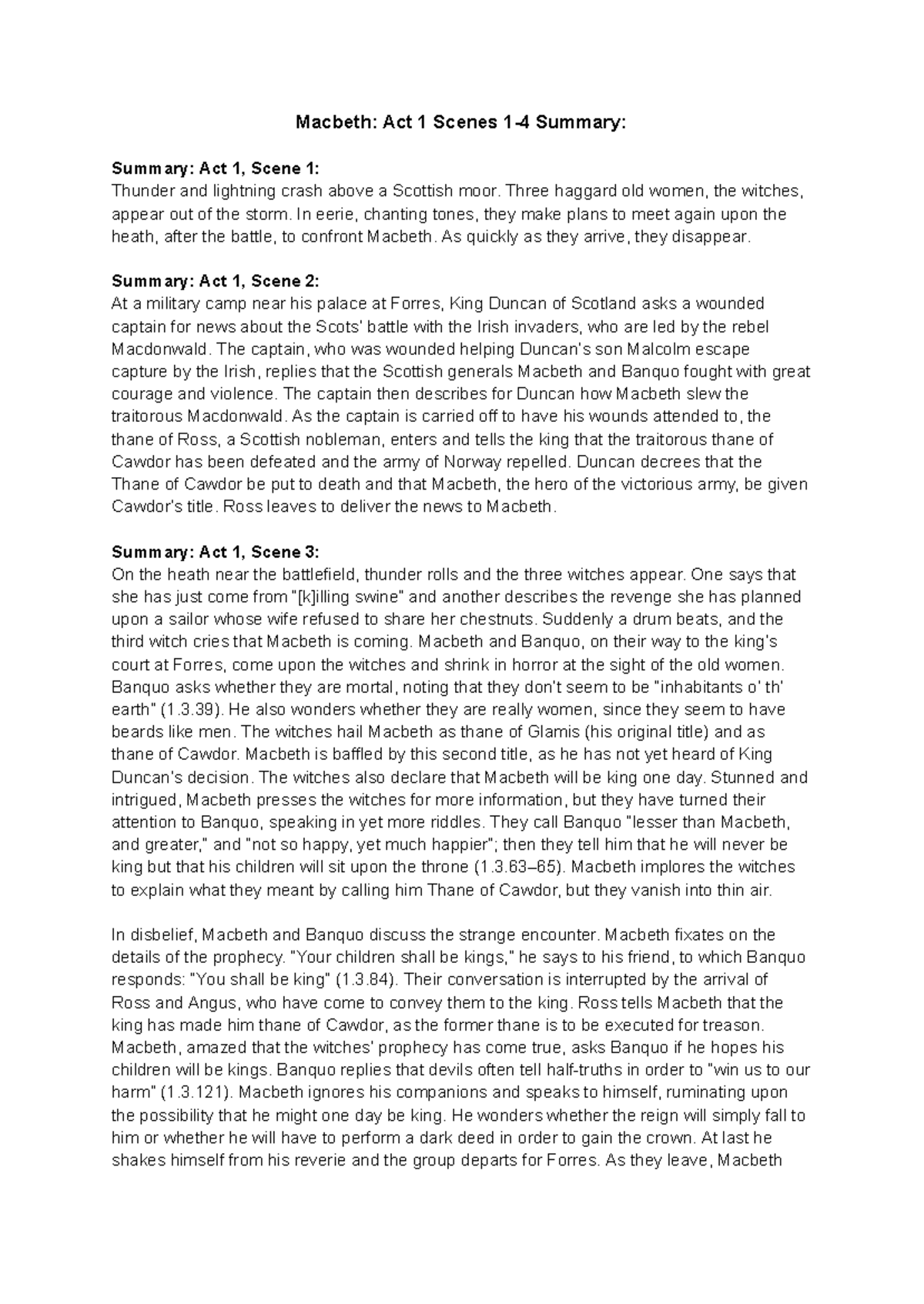 Macbeth Act 1 Scenes 1-4 Summary - Macbeth: Act 1 Scenes 1-4 Summary ...