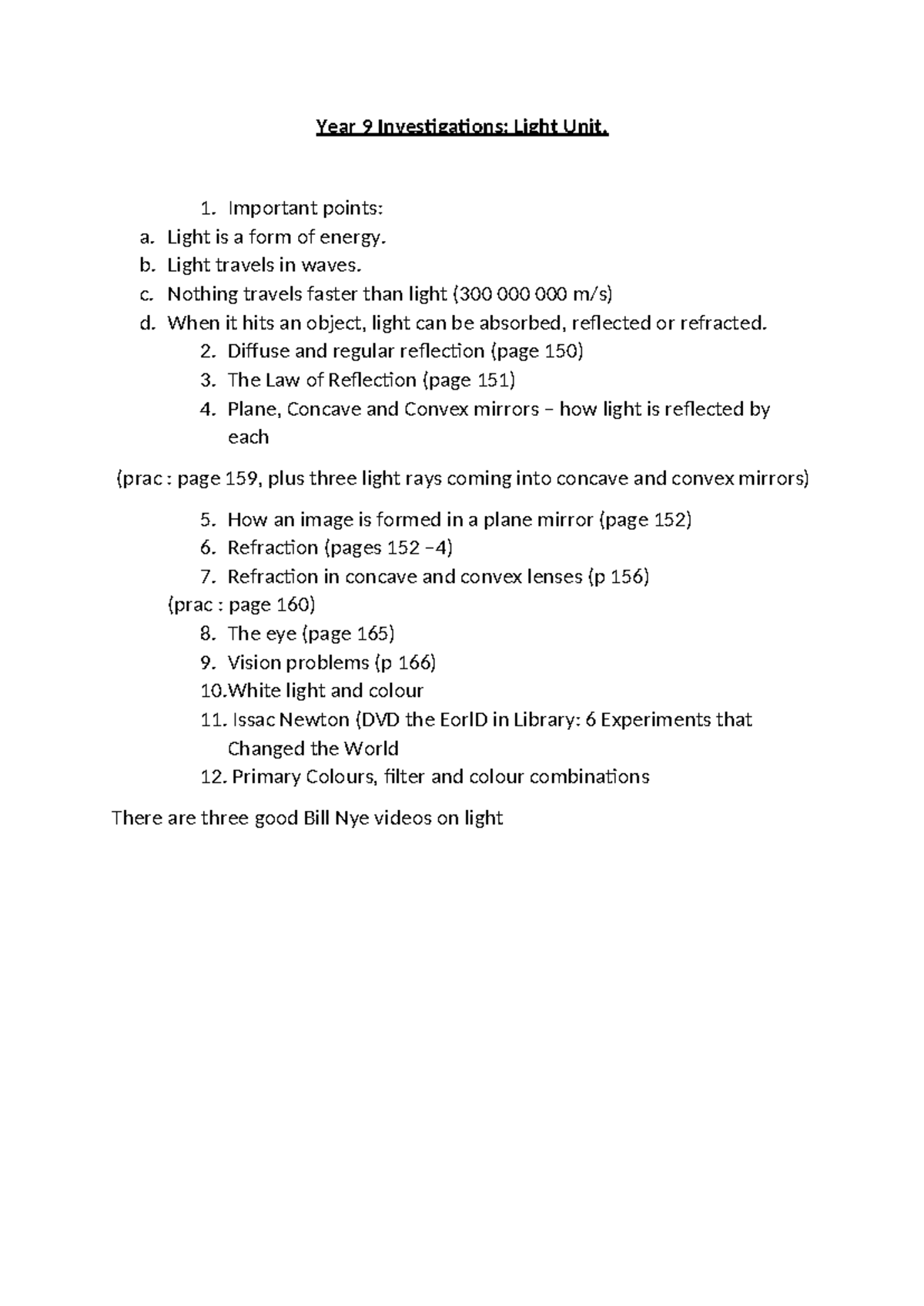 Year 9 Investigations: Light Unit Quiz Notes - Studocu