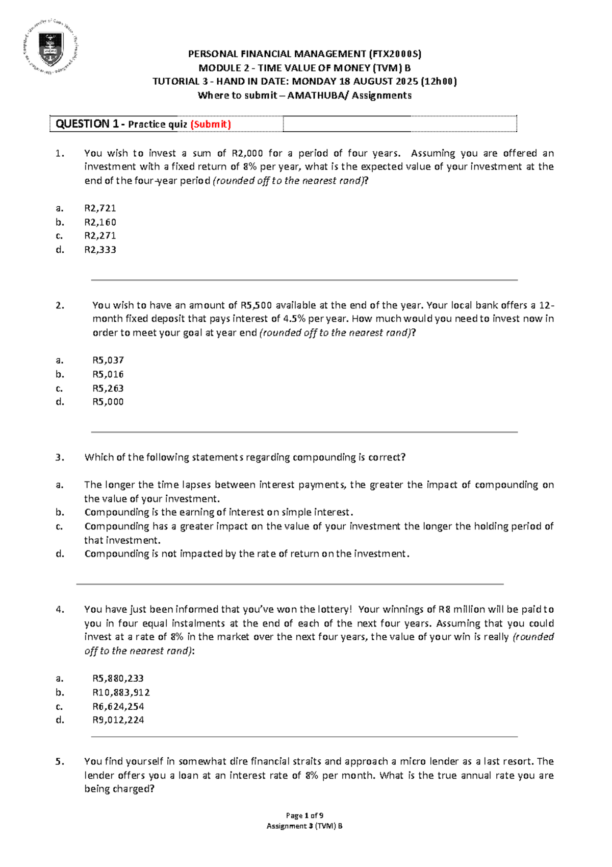 FTX2000 S PFM Assignment 3: Module 2 TVM Practice Questions - Studocu